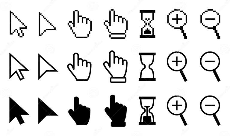 Pixel and Flat Cursor or Computer Mouse Pointer Icons Set. Different Mouse Cursors Stock ...