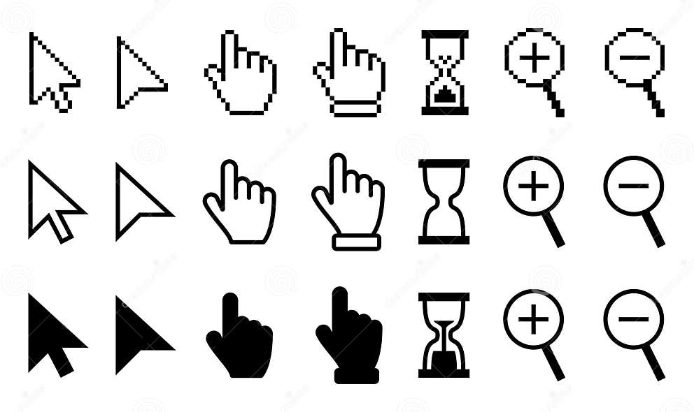 Pixel and Flat Cursor or Computer Mouse Pointer Icons Set. Different Mouse Cursors Stock ...
