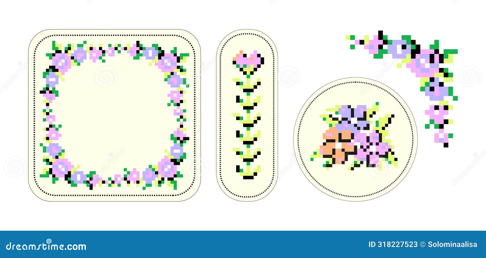 Pixel Flowers Set. Three 3 Blooms. Vector Garden Icons. Bold Color ...