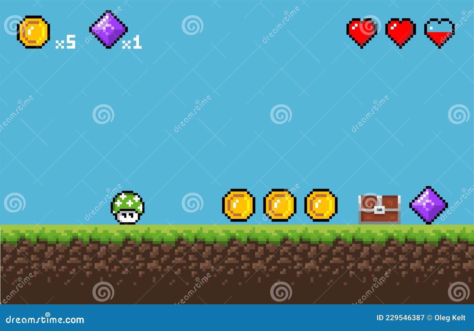 Pixel Game Background with Ground, Grass, Sky and Props and Character ...