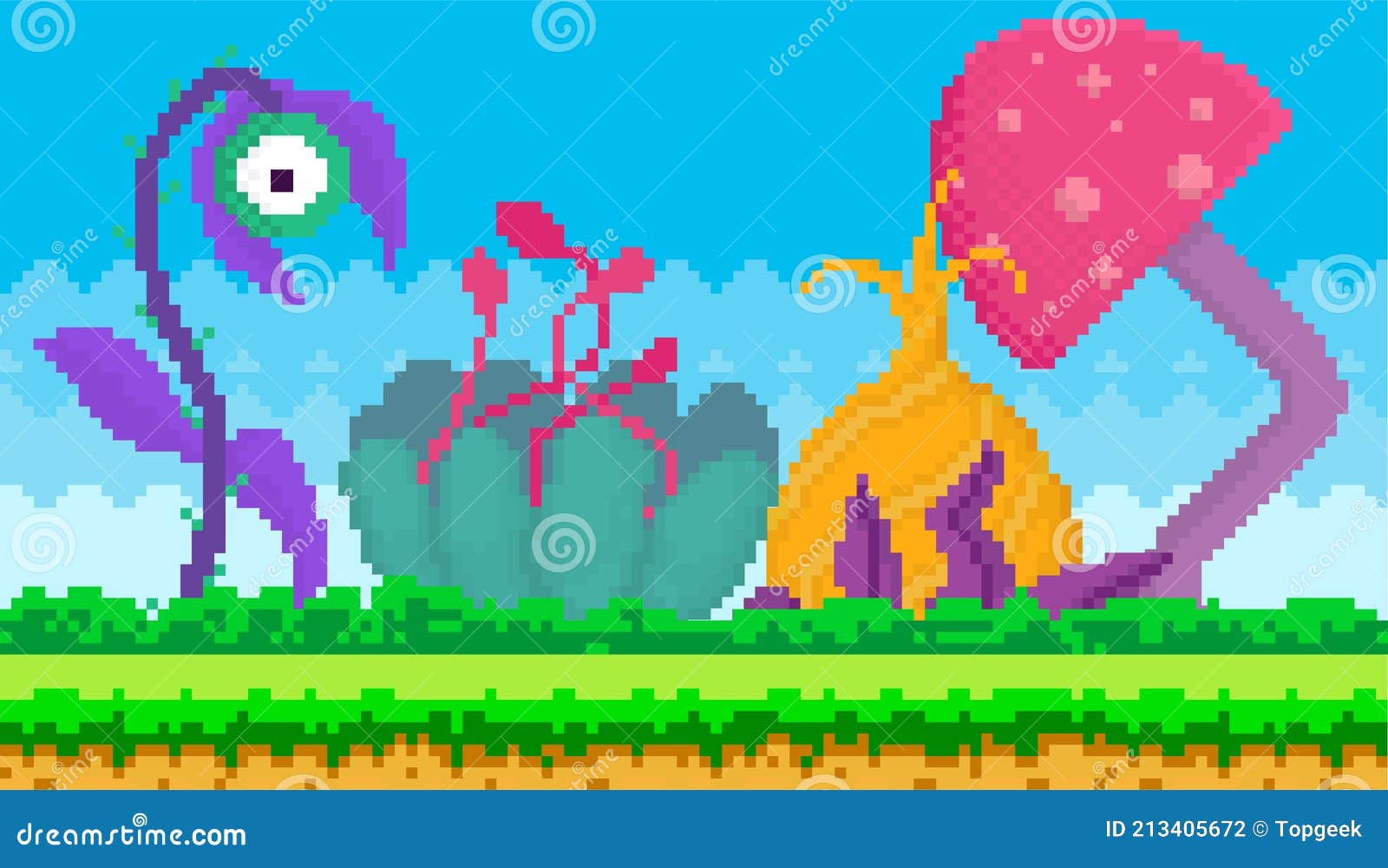 Pixel-game Interface Abstract Layout Design. Fantasy Glade with Pixel ...
