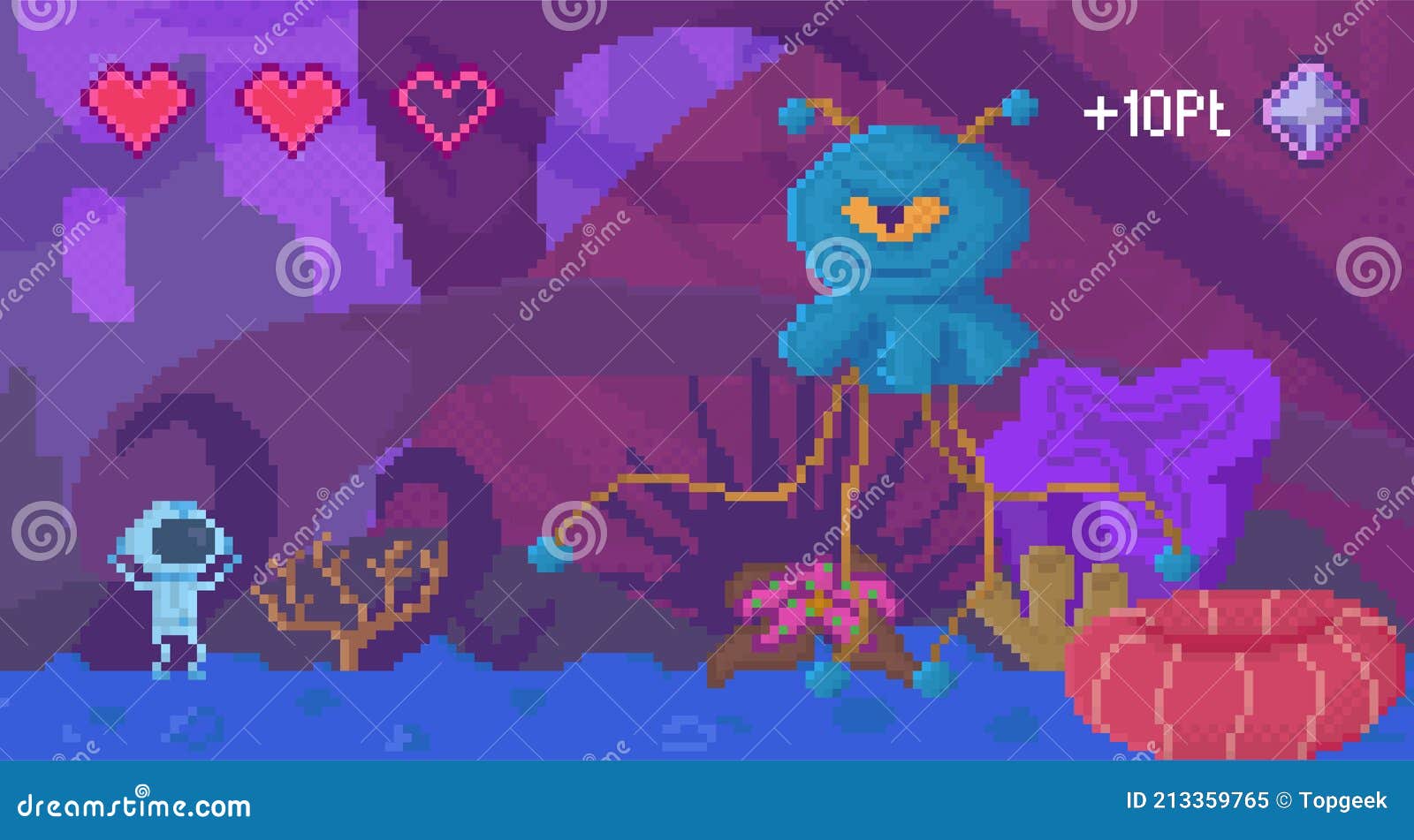 Pixel Game Interface Layout Design. Angry Blue Monster With One Eye ...