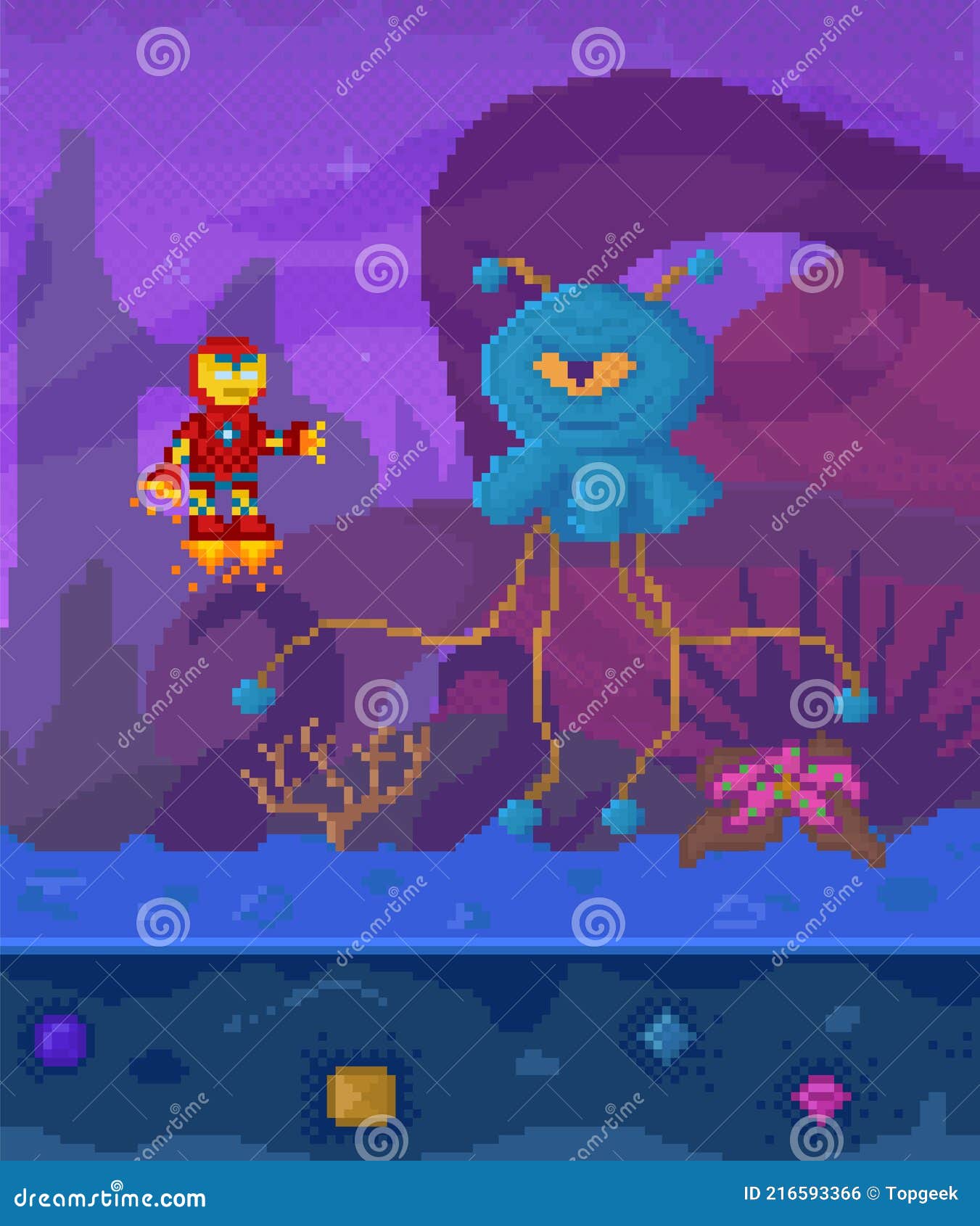 Pixel Game Interface Layout. Alien Attacks Pixelated Character in Dark ...