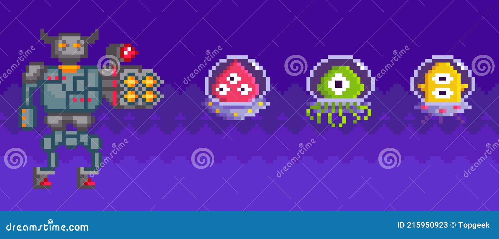 Pixel Game Interface Layout Design. Angry Iron Pixelated Monster with ...