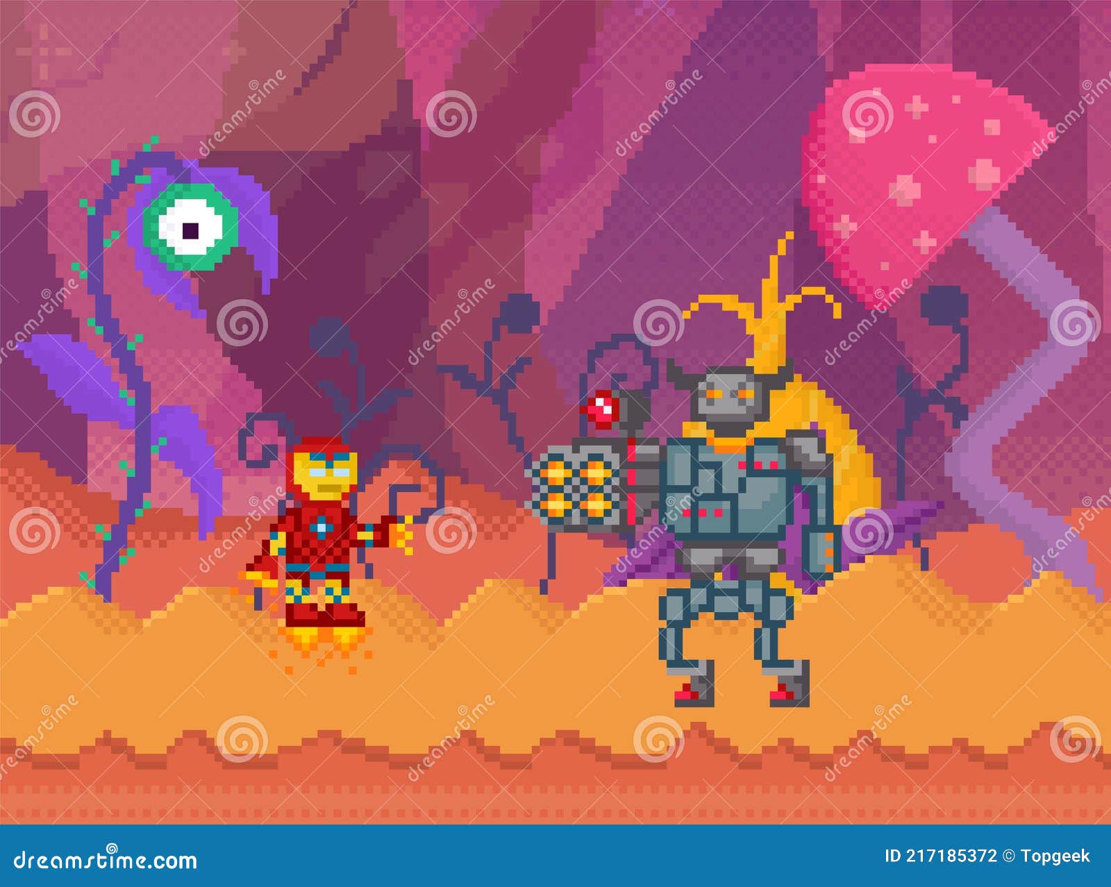 Pixel Game Interface Layout Design. Angry Iron Pixelated Monster with ...