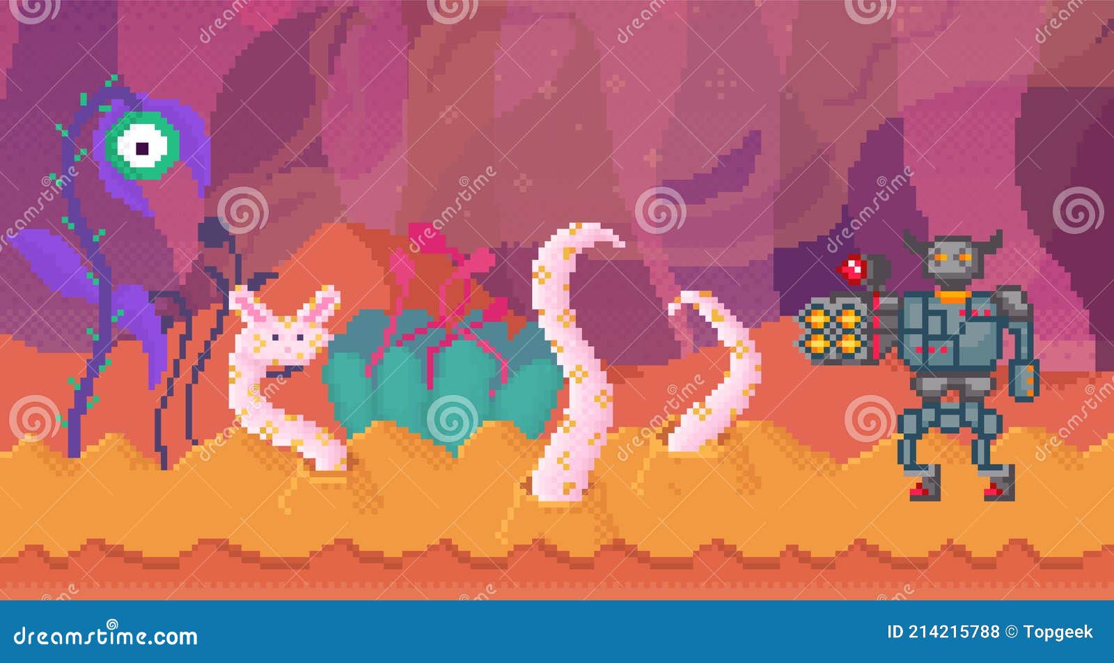 Pixelated Alien In Space Suit With Blaster Shooting Robot. Pixel ...