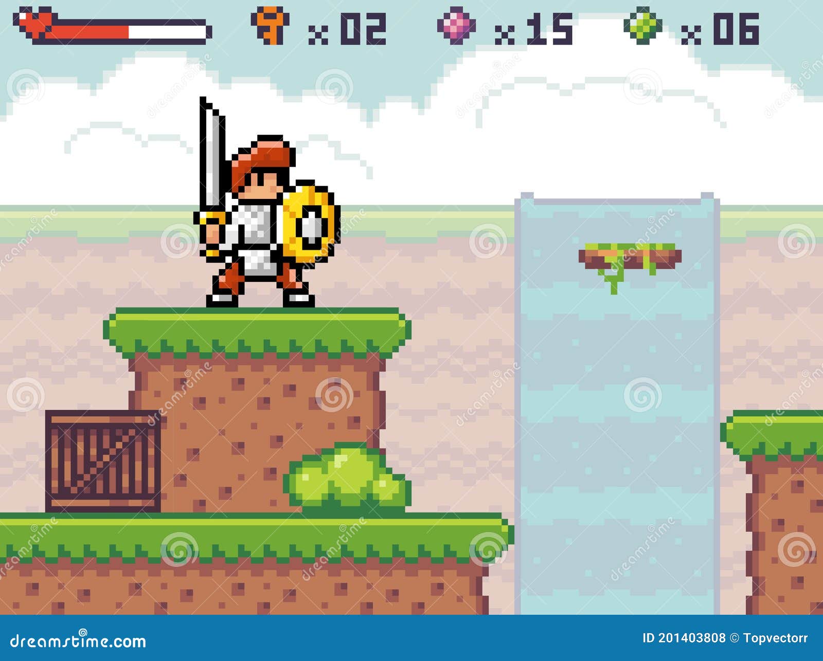 Pixel Game Interface, Knight Wearing Armor with Shield and Sword ...