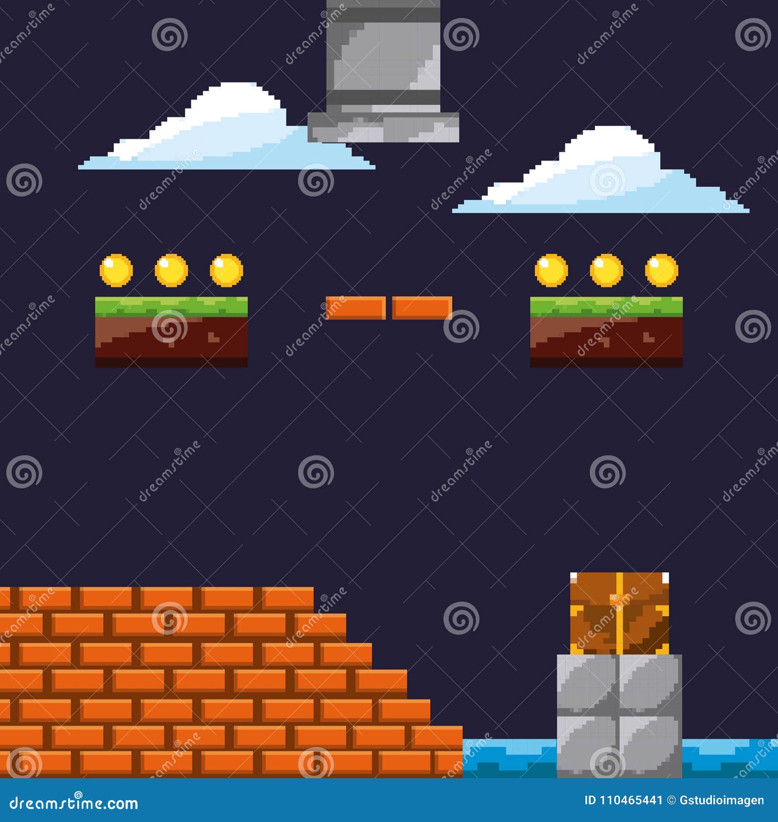 Pixel Game Level with Cloud Coins Brick Wall Stock Vector ...