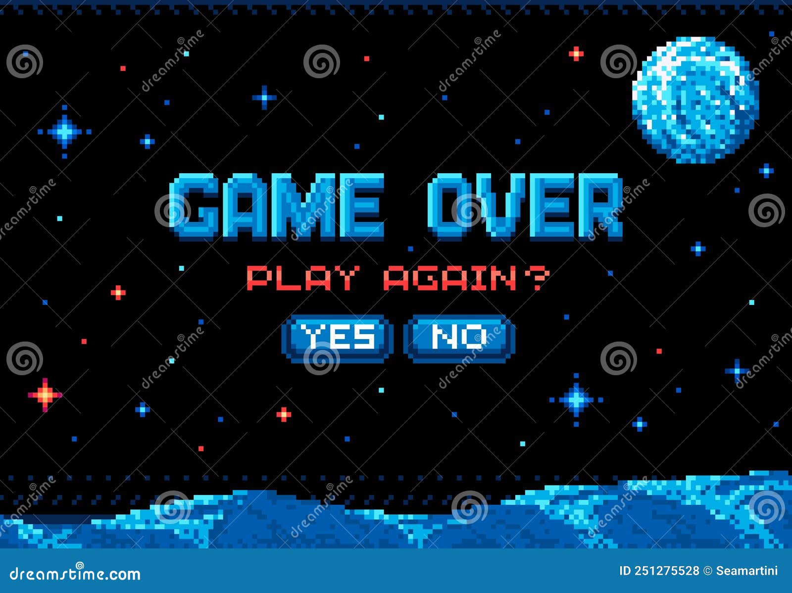 Pixel Game Over Screen, Space Planet Starry Galaxy Stock Vector ...