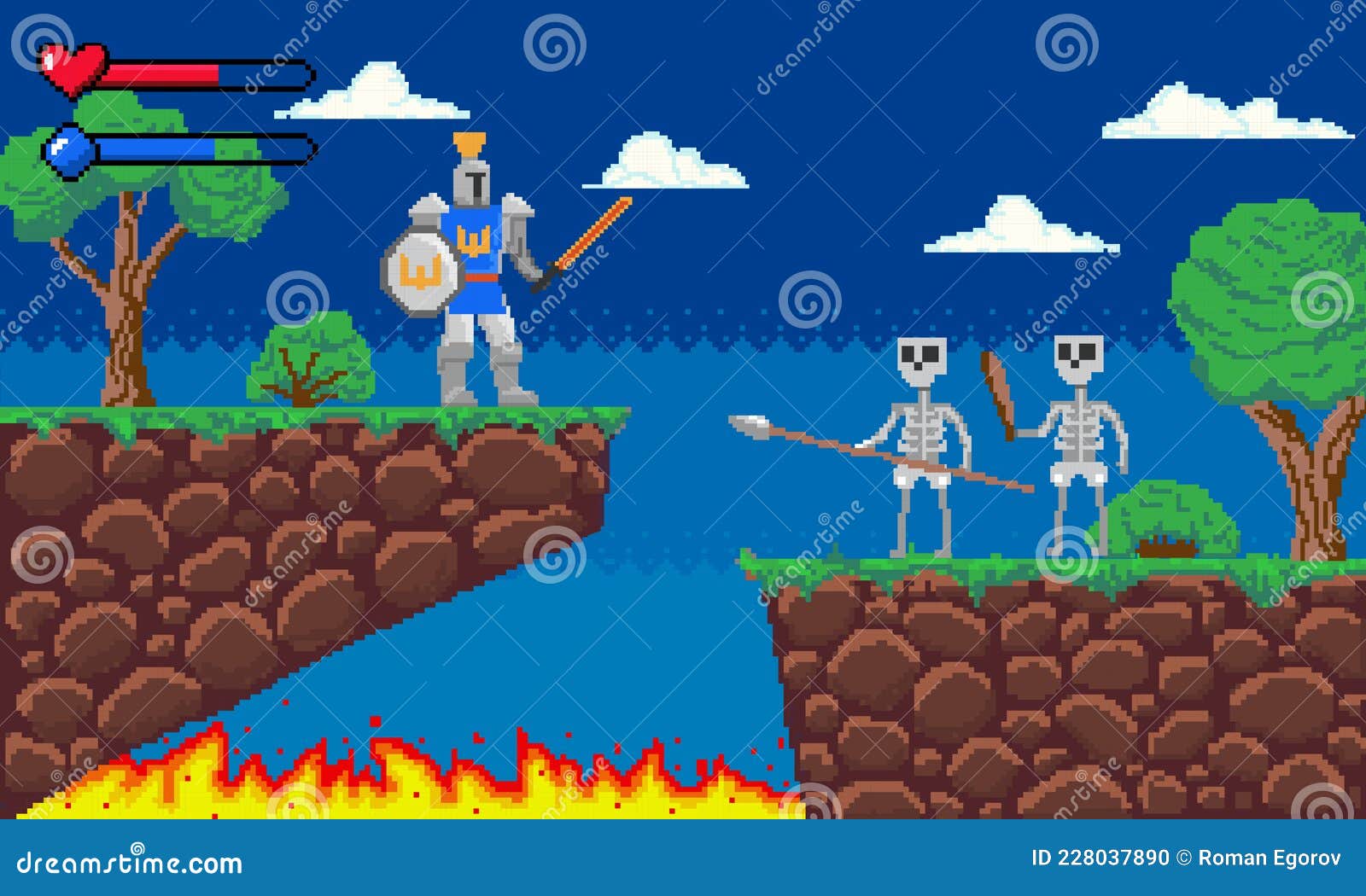 Pixel Game. Platform 8-bit Video Gaming Screen with Gameplay Skeleton ...