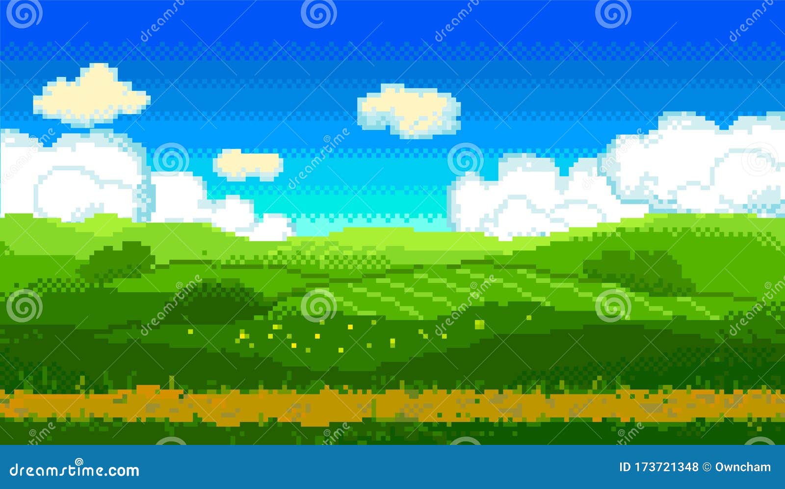 Pixel Green Landscape with Fields and Road Stock Vector - Illustration ...