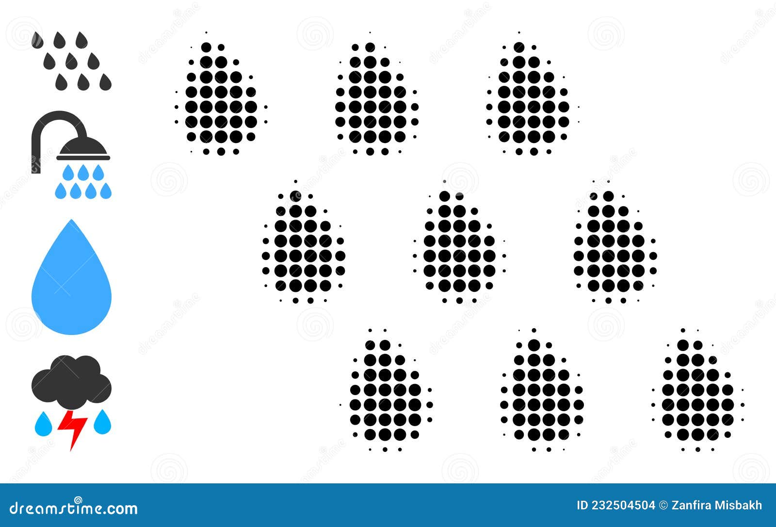 Pixel Halftone Rain Drops Icon and Additional Icons Stock Vector ...