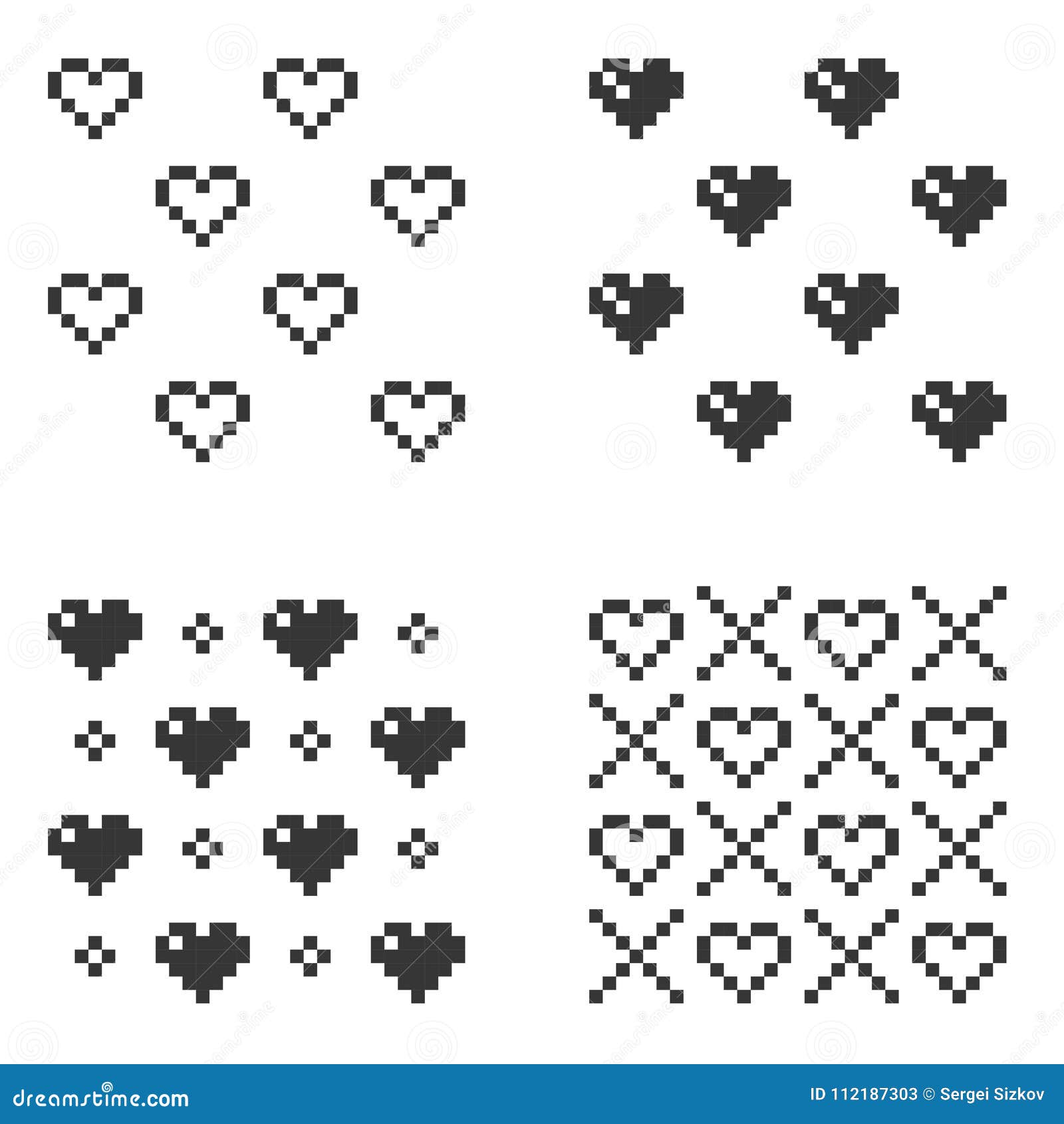 Pixel Heart Seamless Pattern Set on White Background. Vector Stock ...
