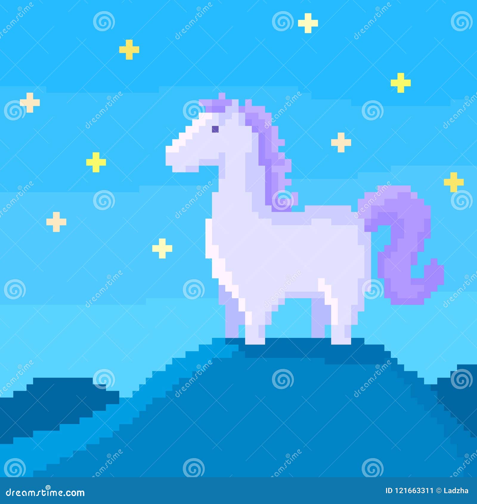 Pixel Horse on a Hill at Starry Night. Stock Vector - Illustration of ...