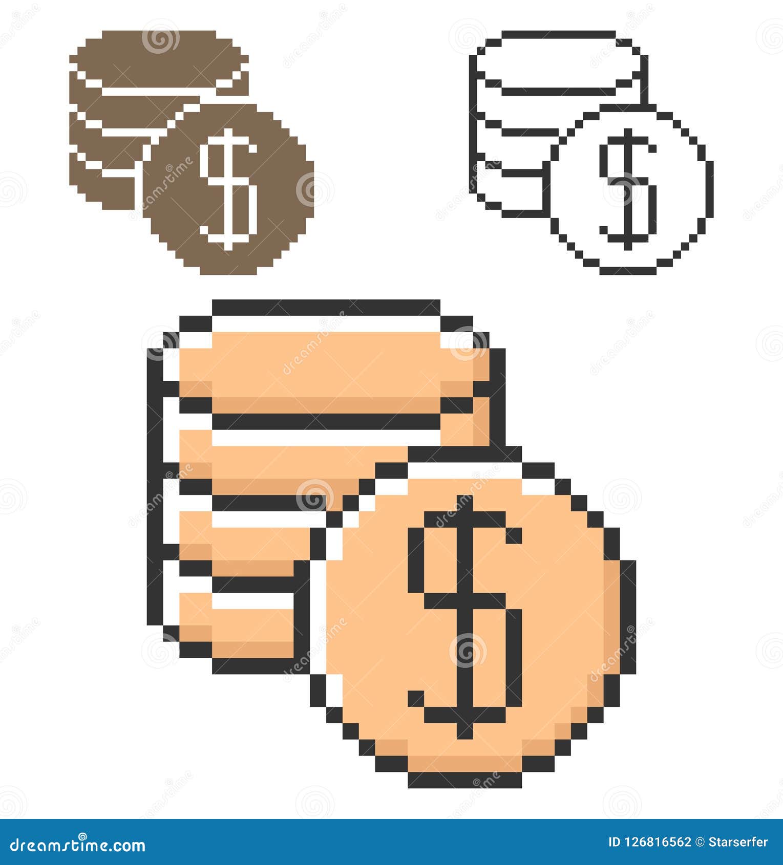 Pixel Icon of Coins Stack in Three Variants Stock Vector - Illustration ...