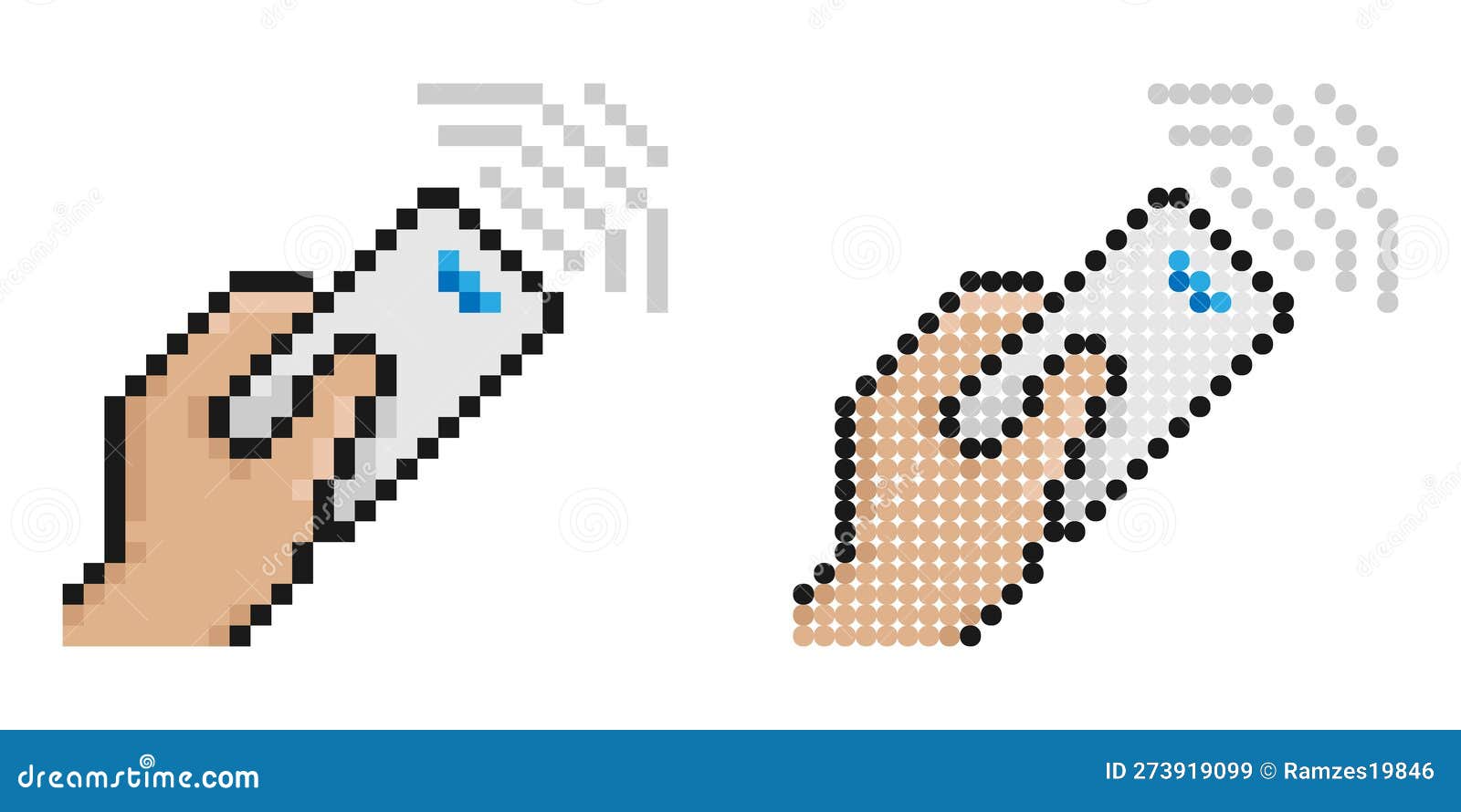 Pixel Icon. Hand Holds the TV Control Panel and Presses the Button with ...