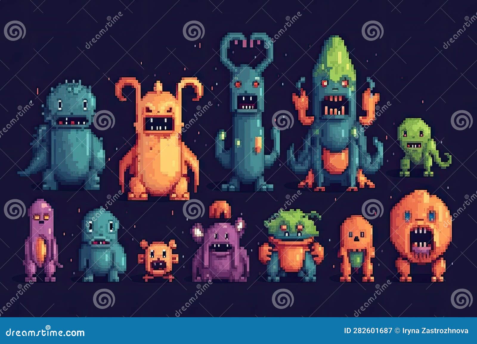 Pixel Illustration Of Cartoon Monsters On A Dark Background ...