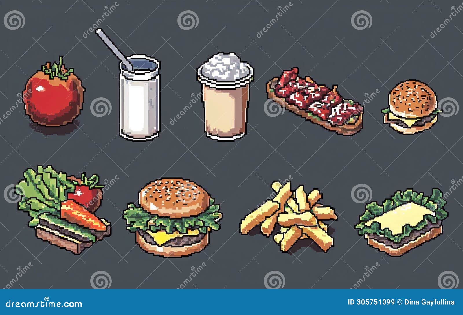 Pixel Illustration of Fast Food Items.they are Arranged in Two Rows ...