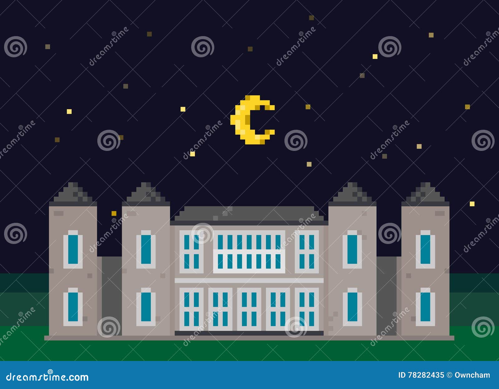 Pixel Mansion With Moon Cartoon Vector | CartoonDealer.com #78282435