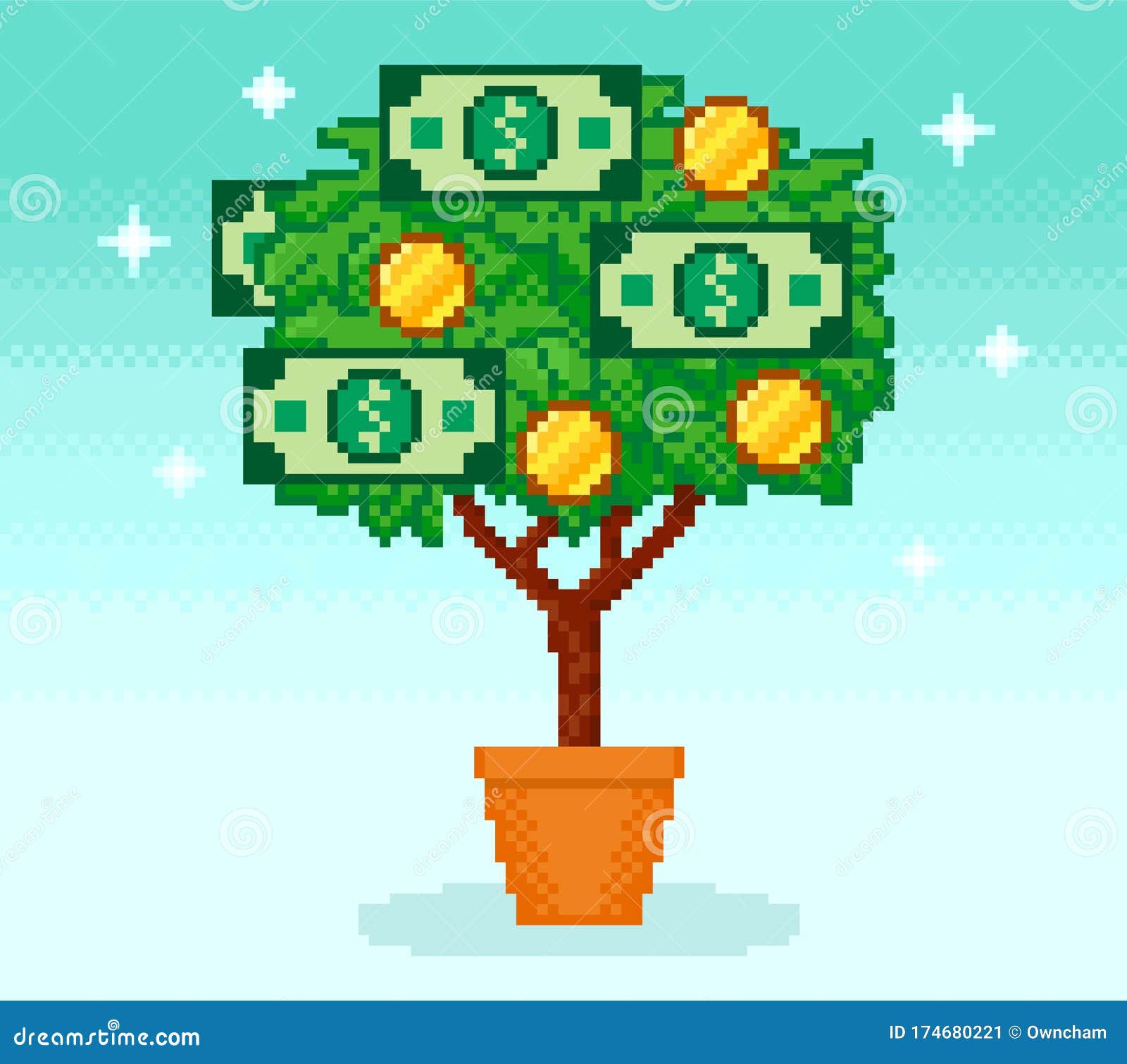 Pixel Money Tree in Pot with Coins and Cash Stock Vector - Illustration ...