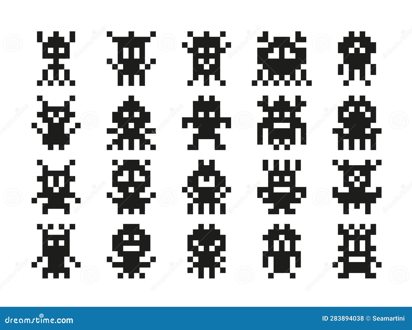 Pixel Monsters, Arcade Games Character Silhouettes Stock Vector ...