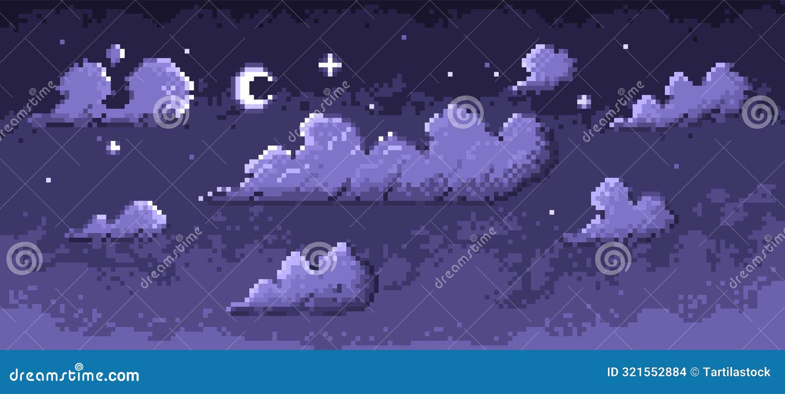 Pixel Night Sky. Retro Low Poly Background With Stars And Clouds ...