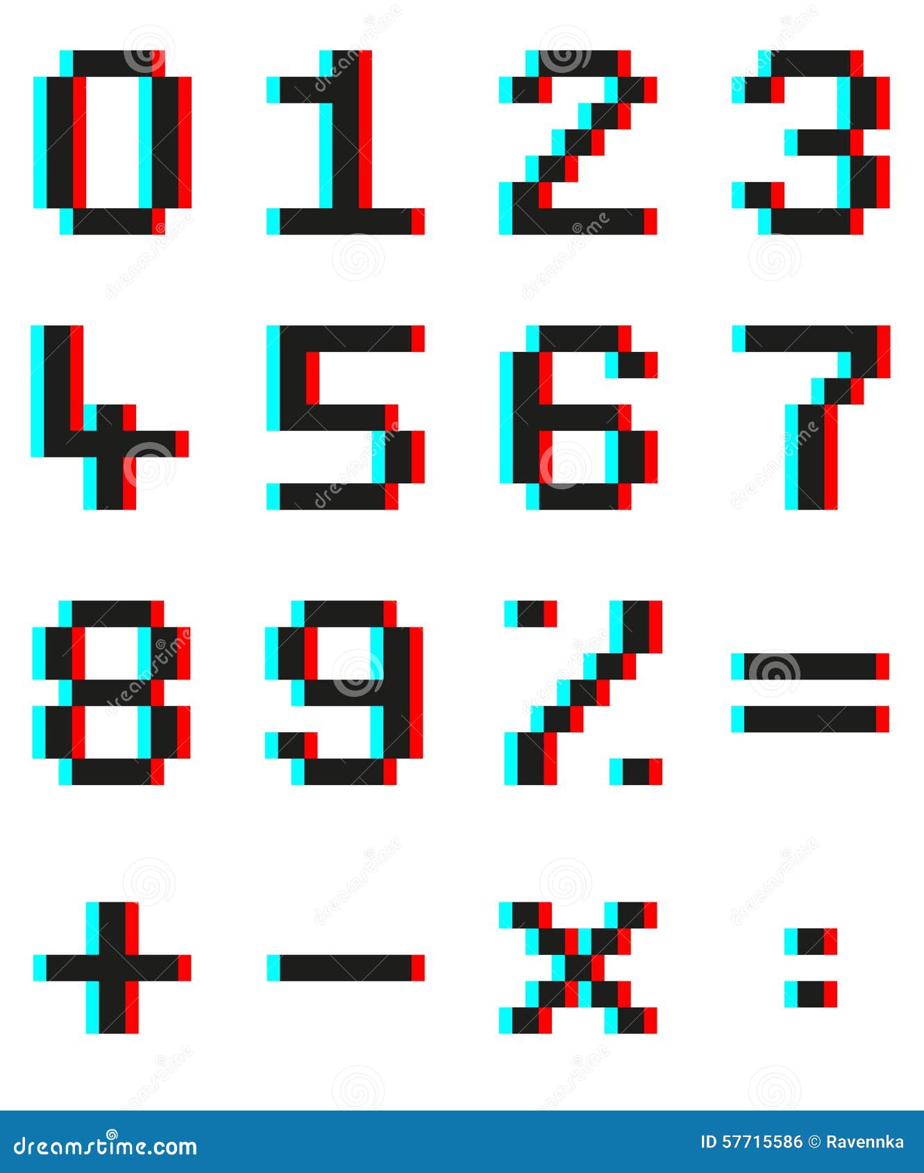 Pixel Numbers And Mathematical Signs With Anaglyph 3d Effect Vector