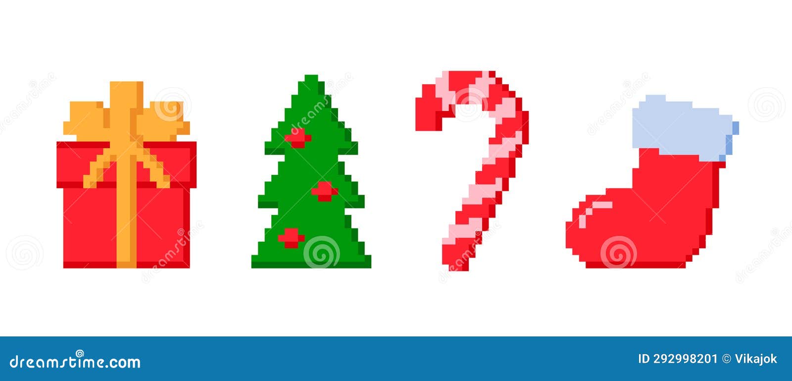 Pixel Objects Set. Christmas Tree, Socks, Candy Cane, Gift Pixelated ...
