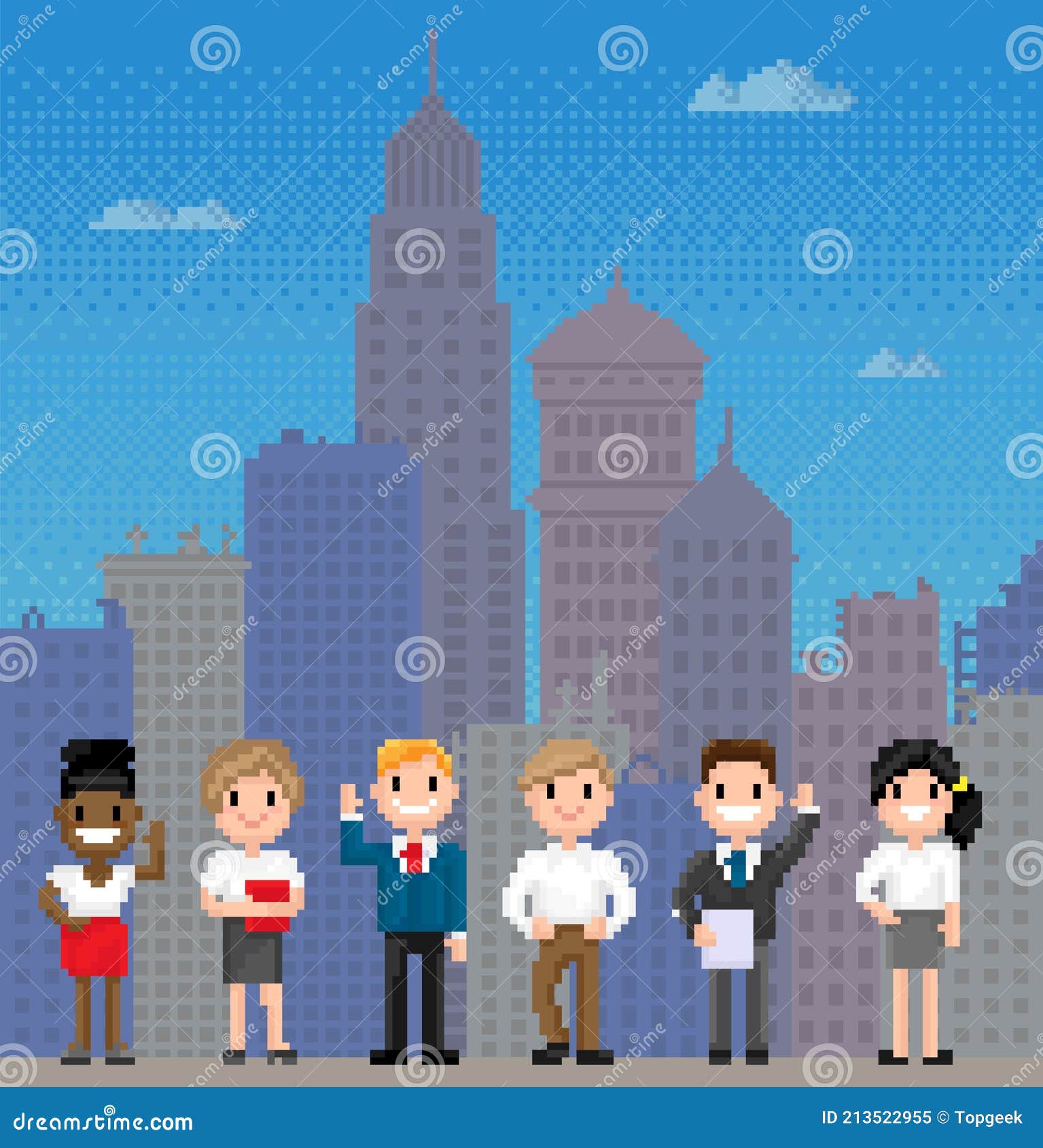 Pixel People for Old Game Layout Stand Against Background of Cityscape ...
