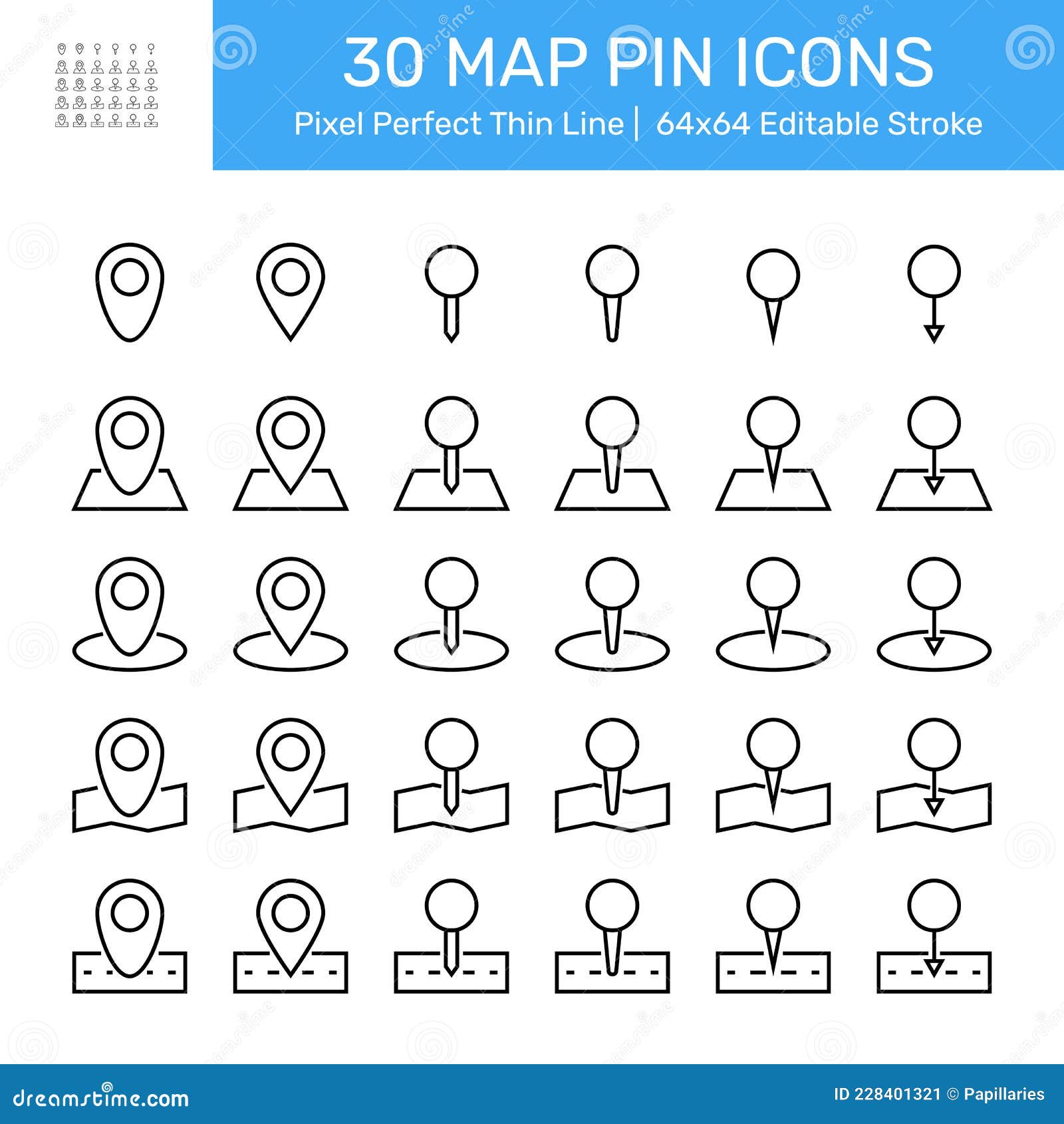 Pixel Perfect Black Thin Line Icon Set of a Map Pin Location. Editable ...