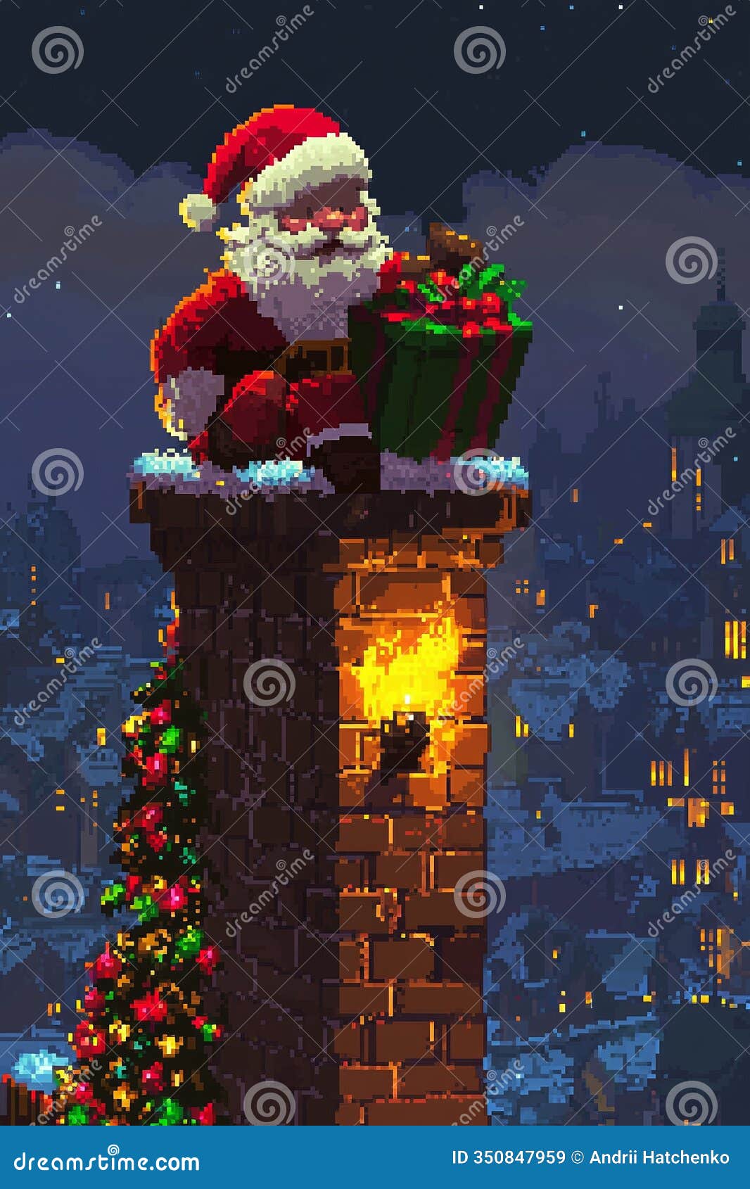 Pixel Santa Climbing Down a Chimney with a Gift Sack. Stock ...