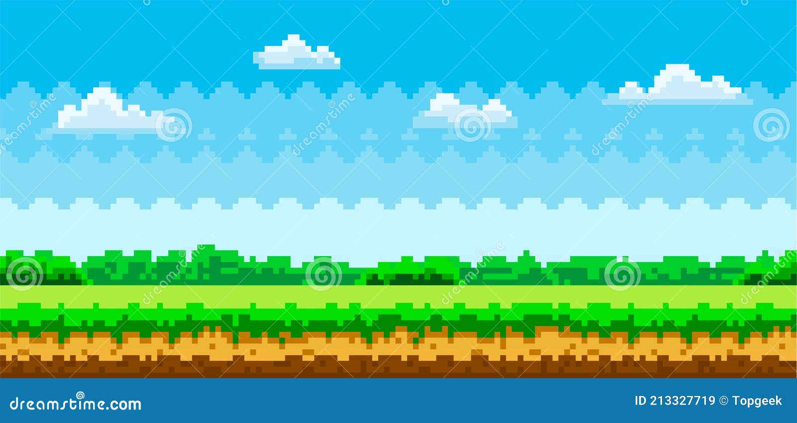 Pixel Scene with Green Grass and Forest in Distance Against Blue Sky ...