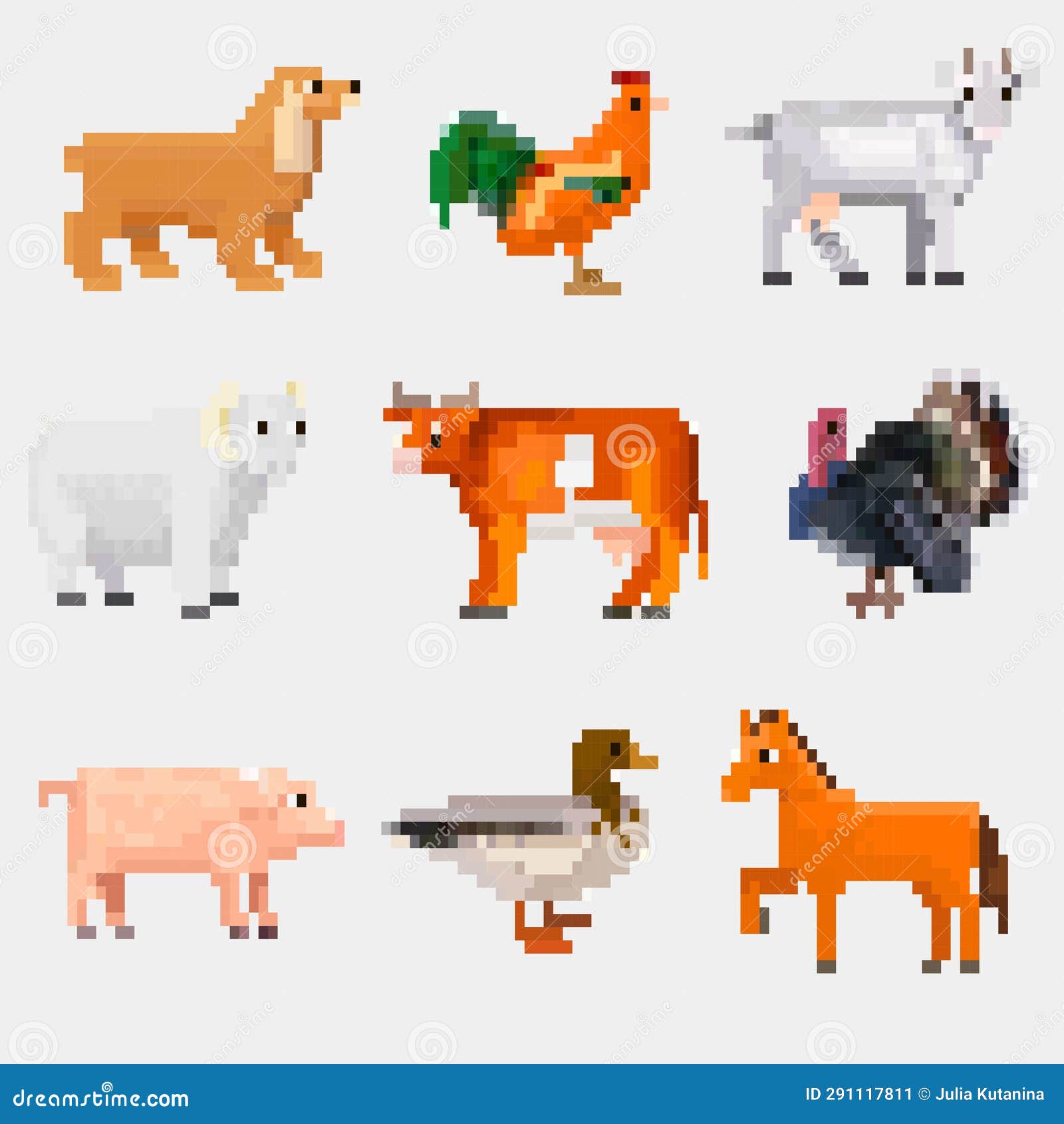 Pixel Set of Pets, Farm Animals. 8 Bits 16 Bits. Retro Game Stock ...