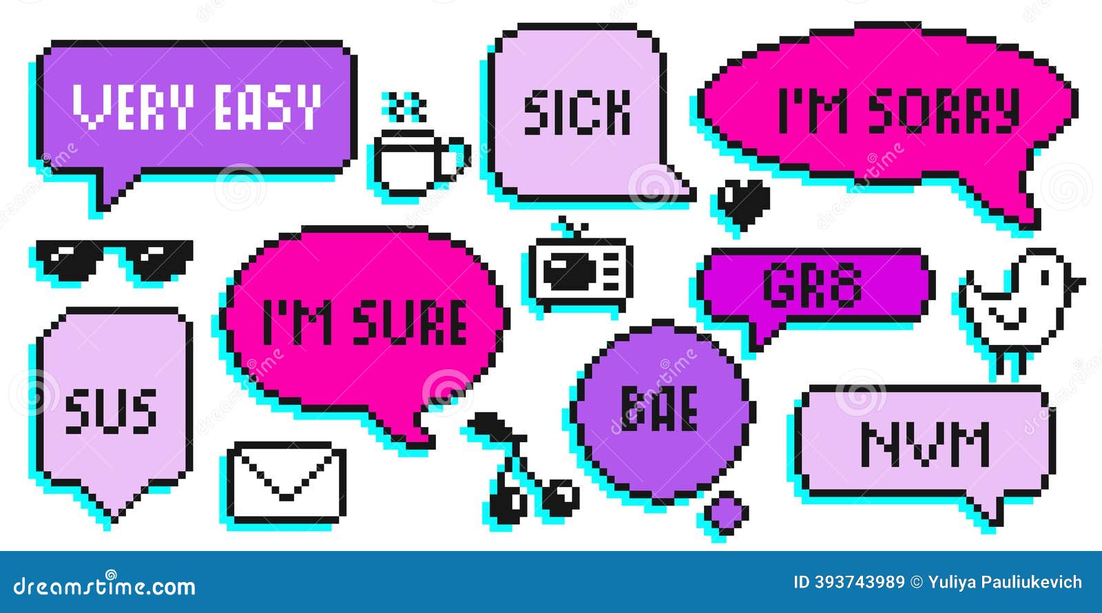 Pixel Art Speech Bubbles Vector Set. Dialogue Balloon Cloud Chat 8 Bit ...