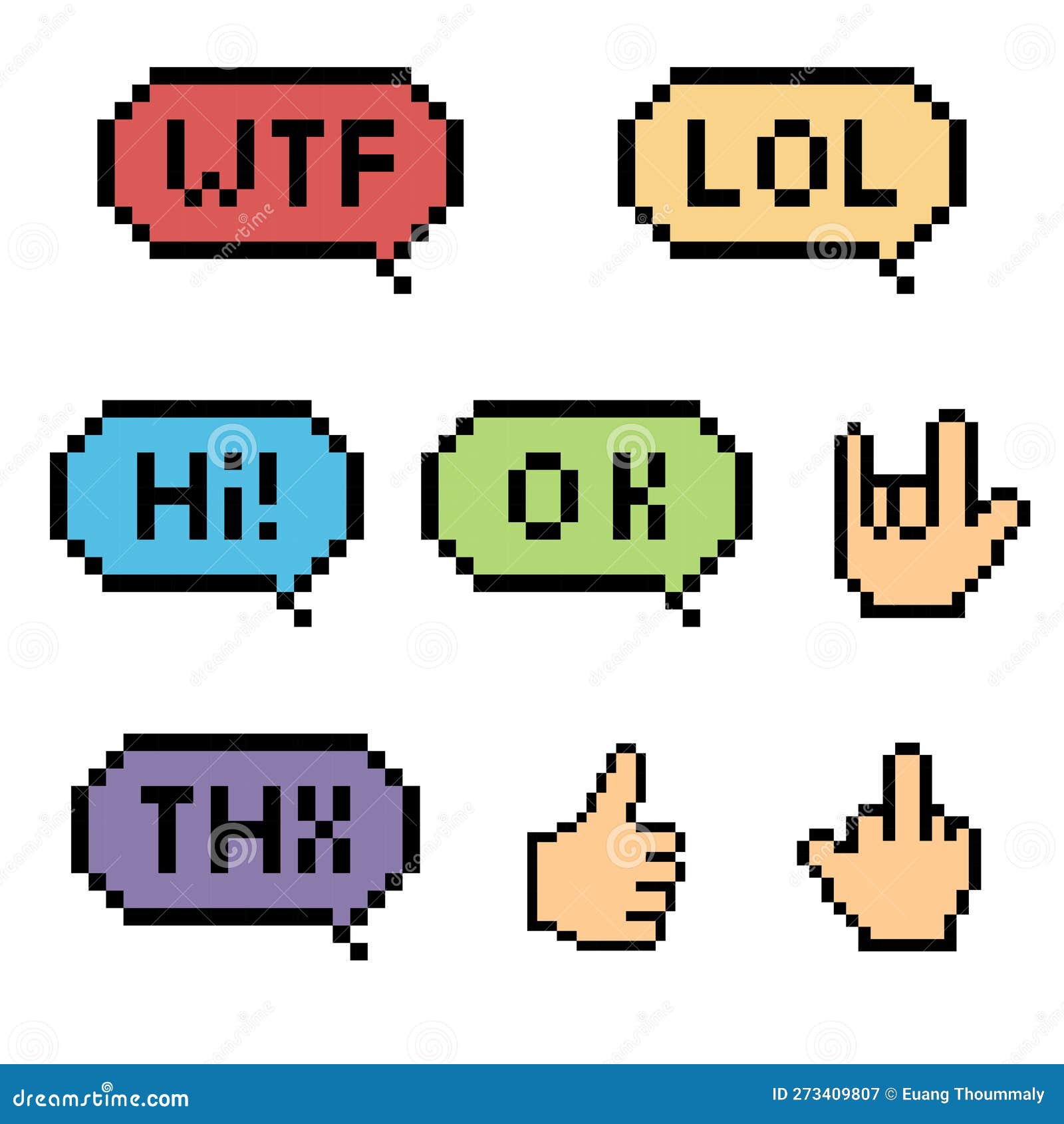 Pixel Speech Bubbles Words and Hand Sign, Pixelated Speech Bubble Set ...