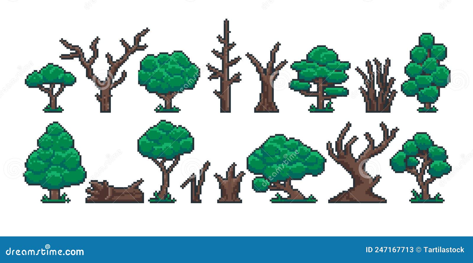Pixel Tree Trunk. Retro 8 Bit Video Game Sprite Asset, Green Trees Old ...