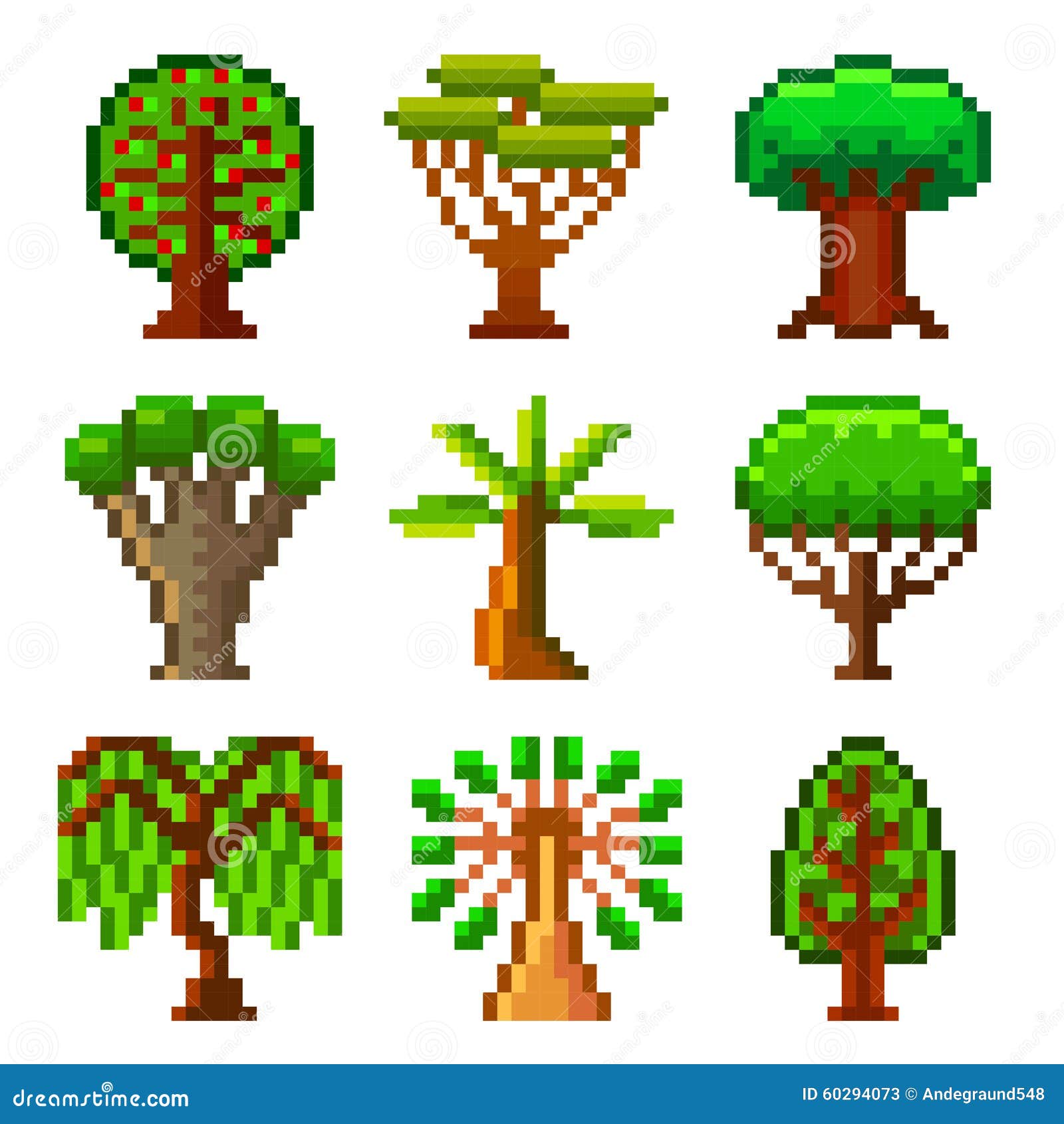 Pixel Trees for Games Icons Vector Set Stock Vector - Illustration of ...