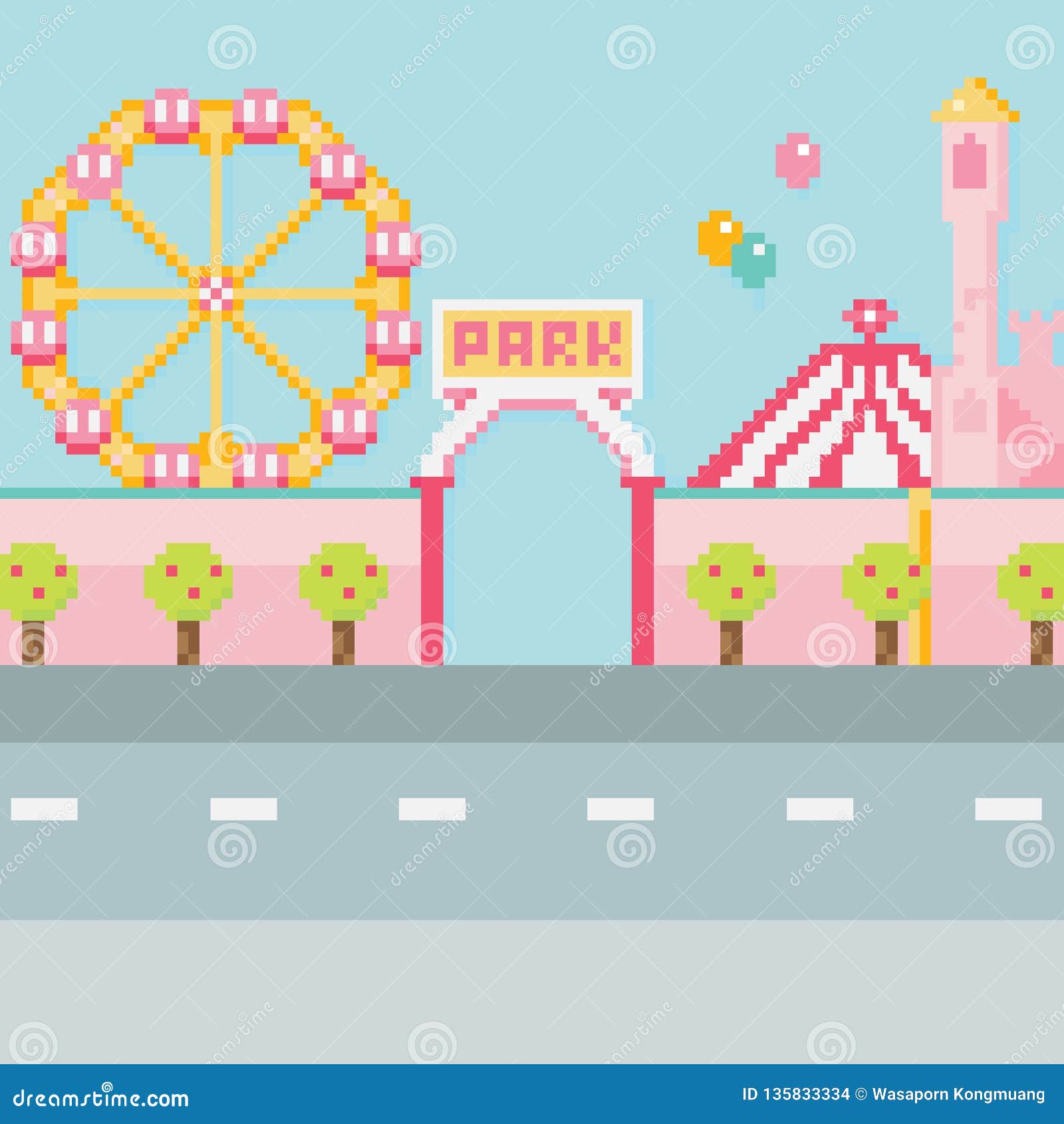 Pixel Park. Retro 8 Bit Game Blue Sky, Pixels Trees And Parks Bench ...