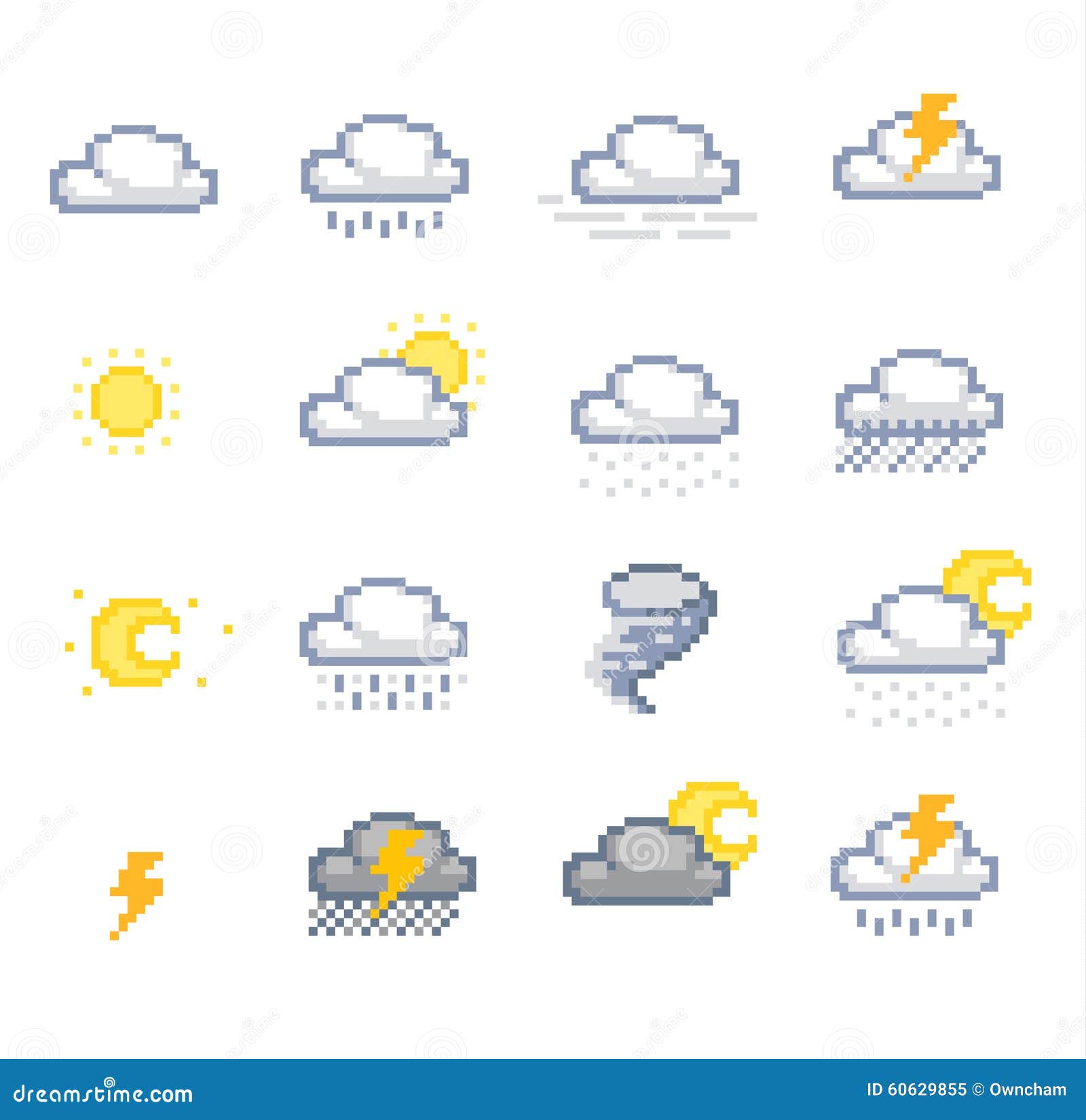 8 Bit Pixel, UI Weather Symbol Icon. Water Icons, Cloudy, Rain, Bright ...