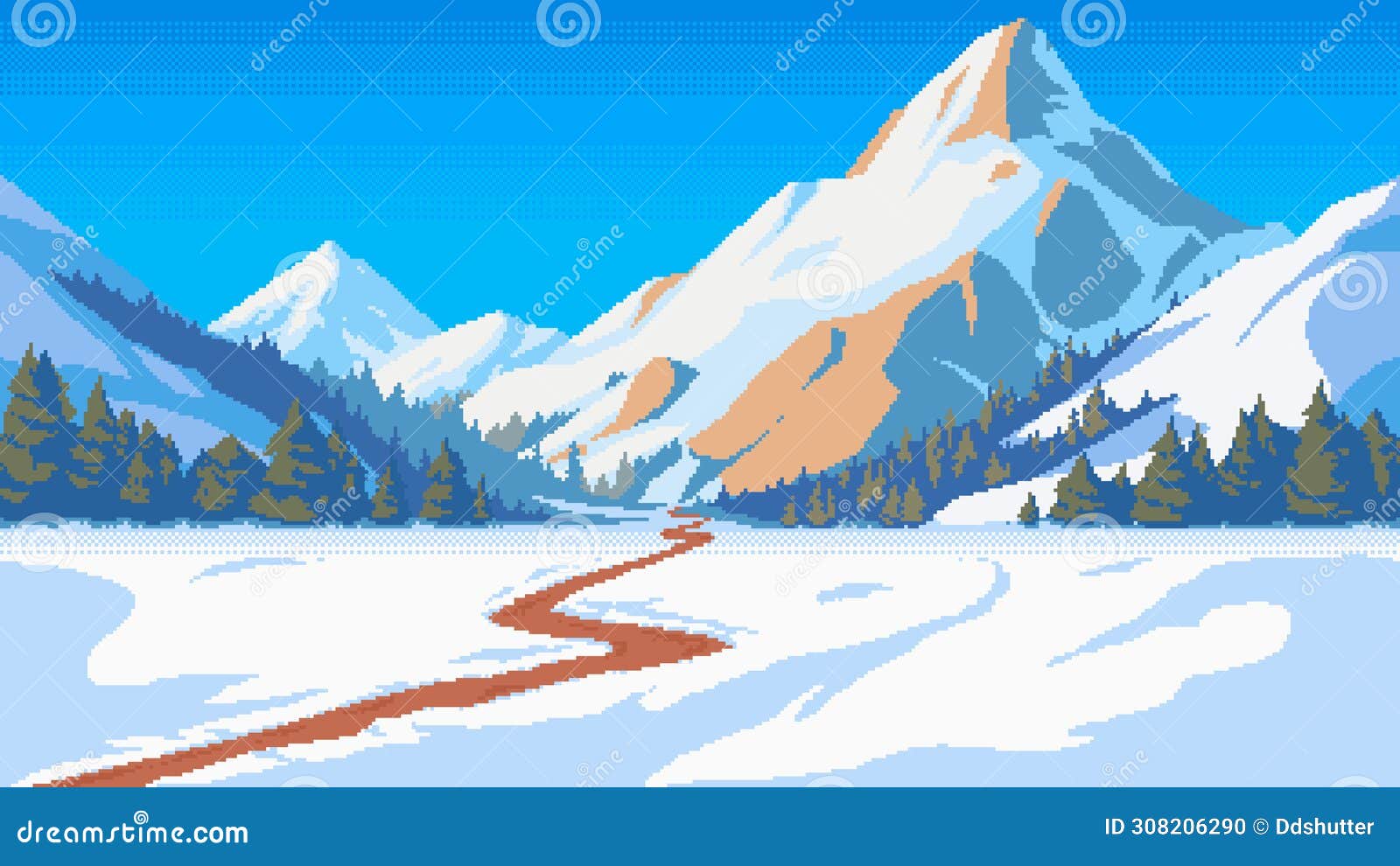 Pixel Winter Mountain Landscape, Spruce Forest and Path through the ...