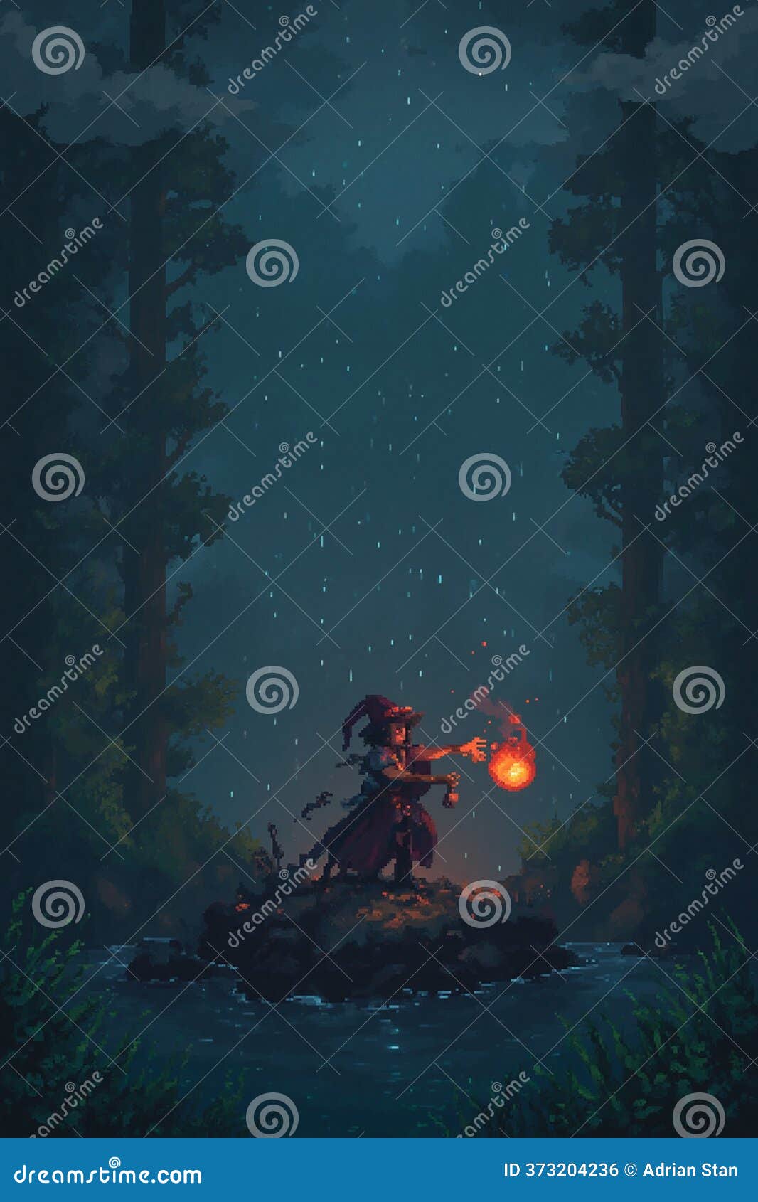 Pixel Art Wizard In A Green Pointed Hat With A White Beard Holding Two ...