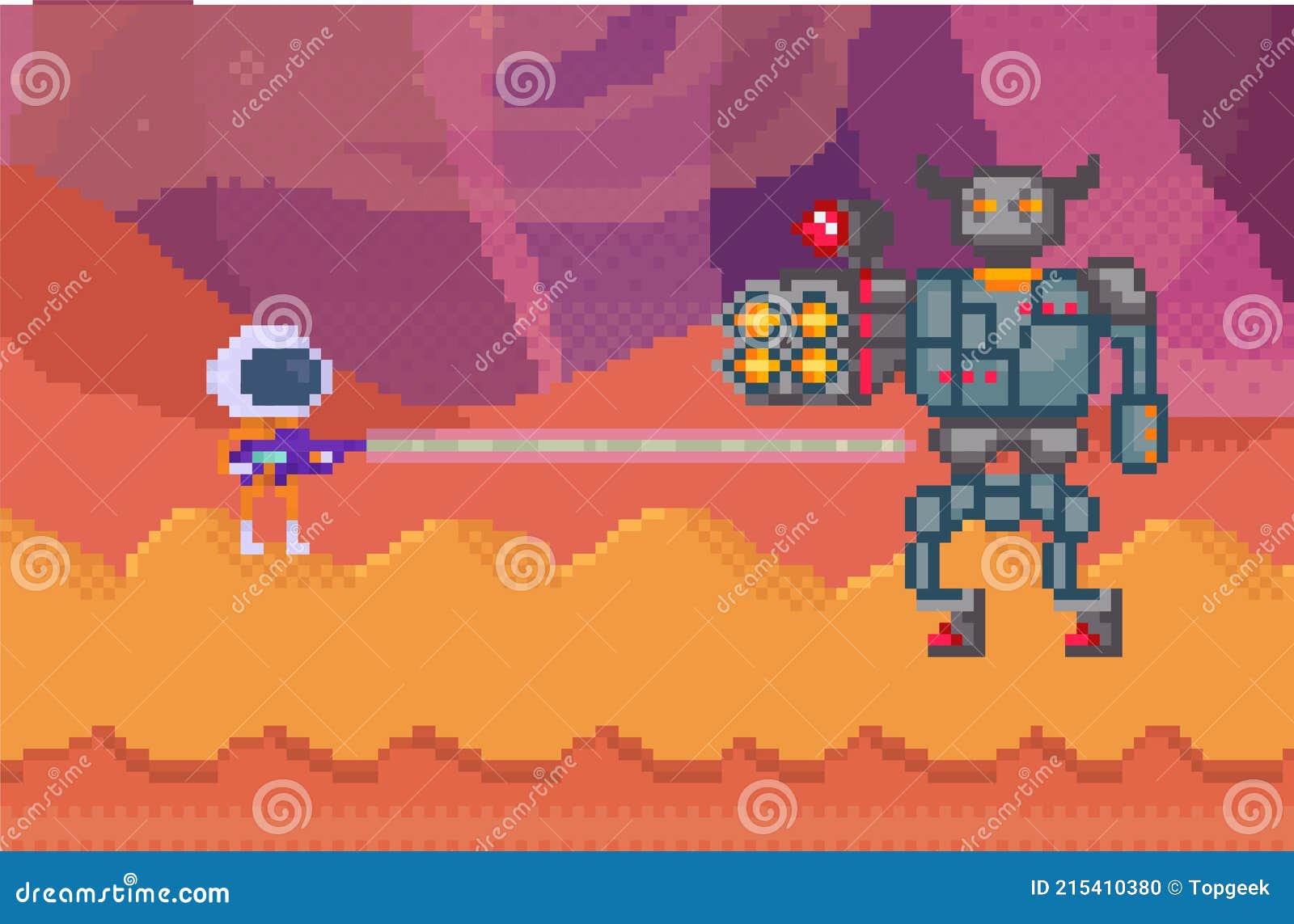 Pixelated Alien in Space Suit with Blaster Shooting Robot. Pixel ...