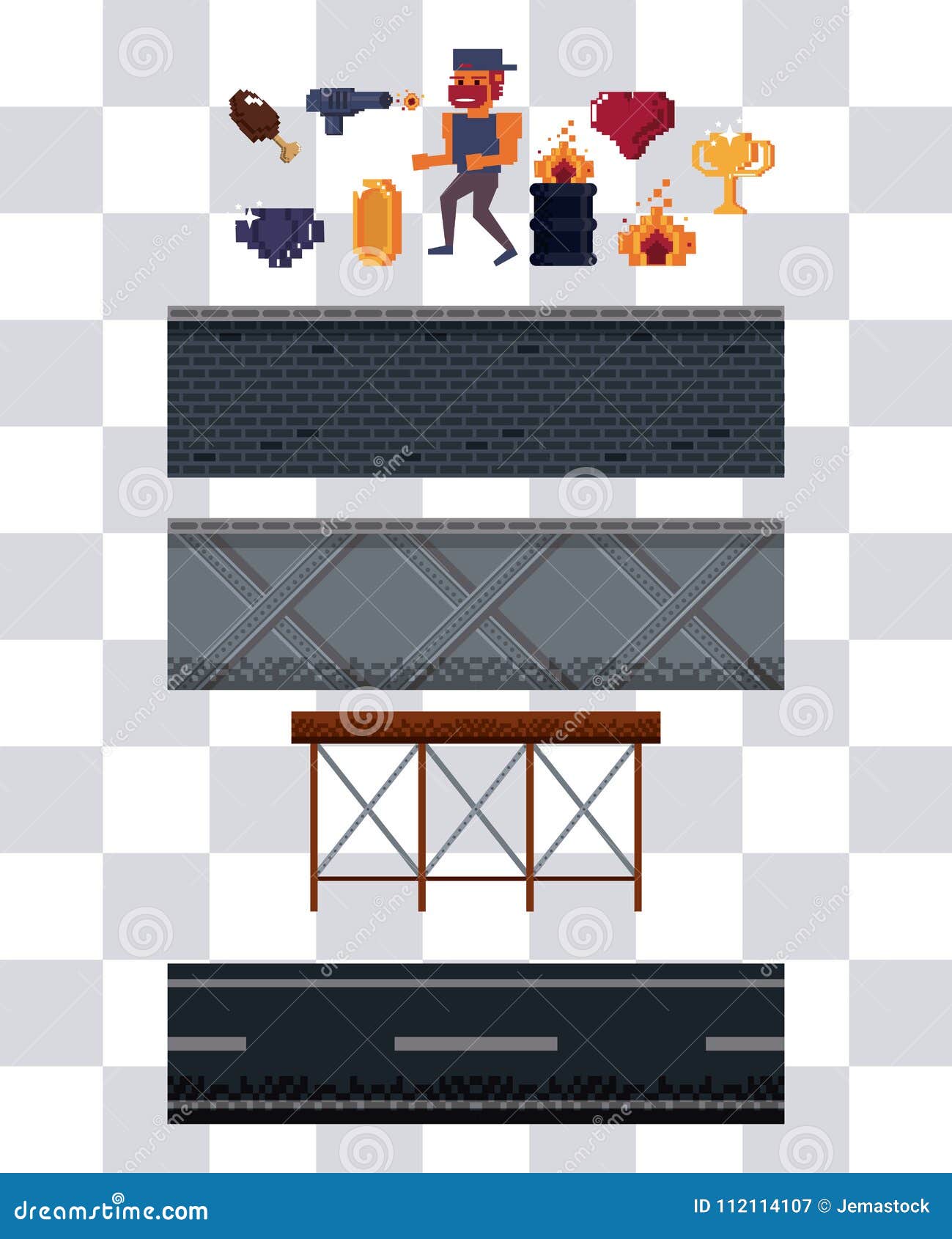 Pixelated Character and Elements Stock Vector - Illustration of ...