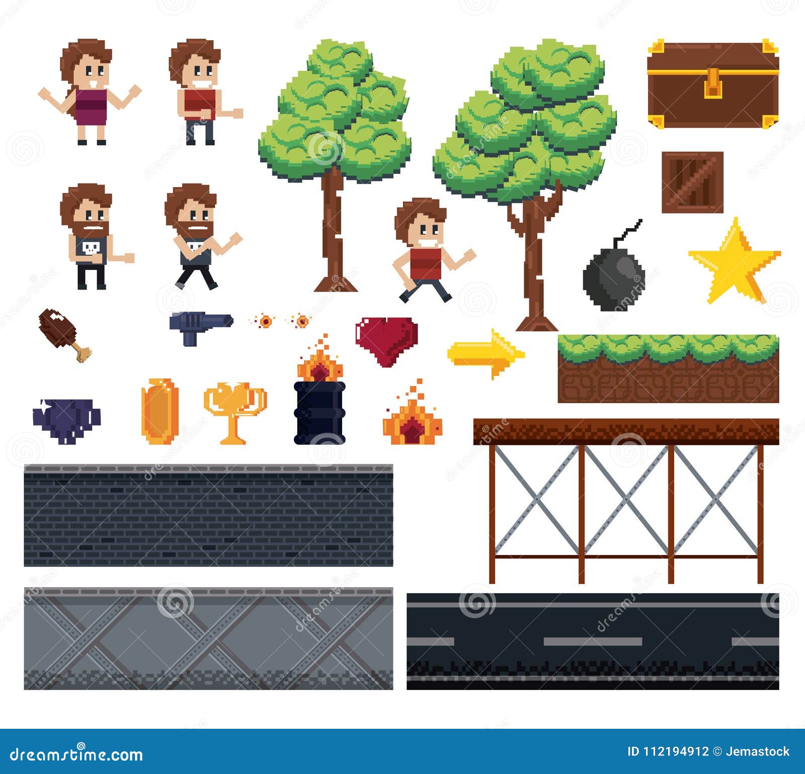 Pixelated Characters and Elements for Videogames Stock Vector ...