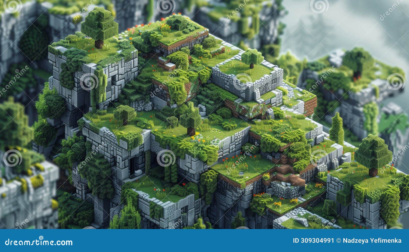 Pixelated Cliffs with Lush Flora in a Virtual Landscape. Minecraft ...