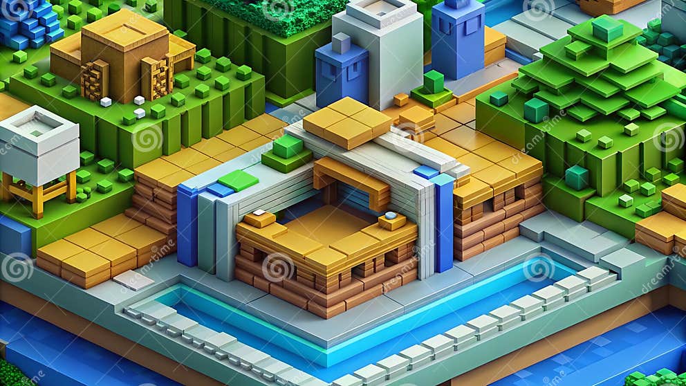 A Pixelated 3D Rendering of a Modern House with a Pool and Surrounding ...