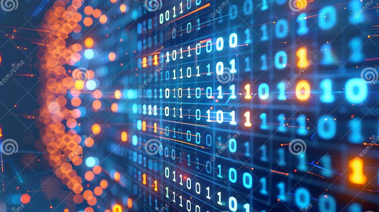 Pixelated Data Stream, Red and Blue Dots on Digital Interface, Binary Code Encryption Concept ...
