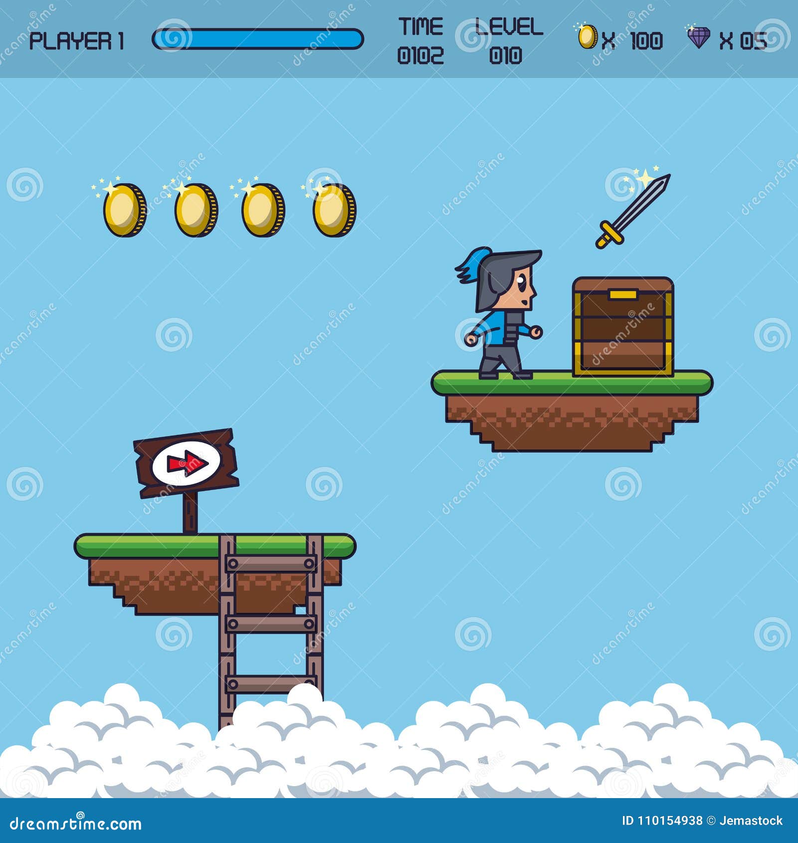 Pixelated game scenery stock vector. Illustration of platform - 110154938