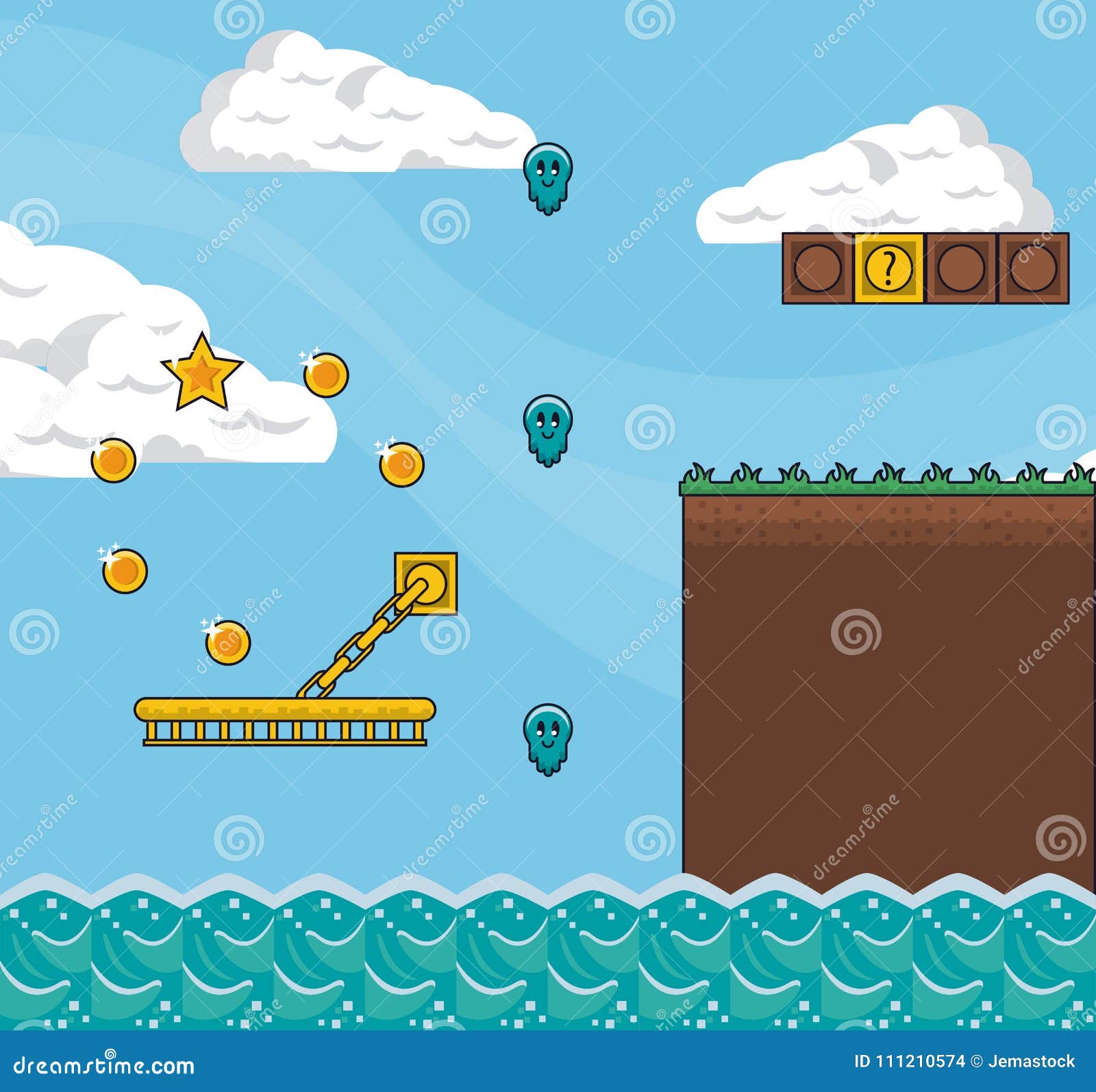 Pixelated game scenery stock vector. Illustration of flat - 111210574