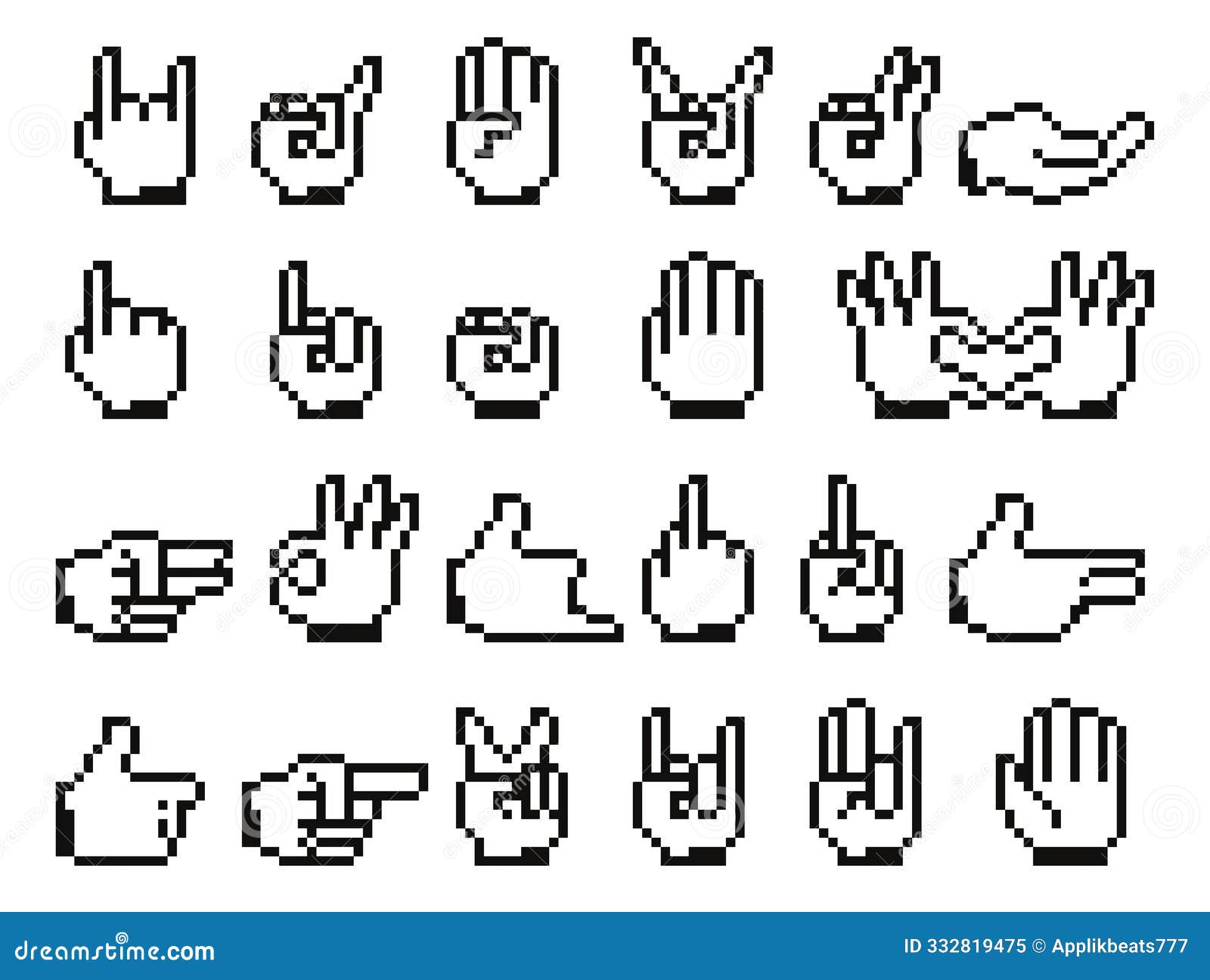 Pixelated Hand Icons. Human Fingers Cursor Symbols with Different ...